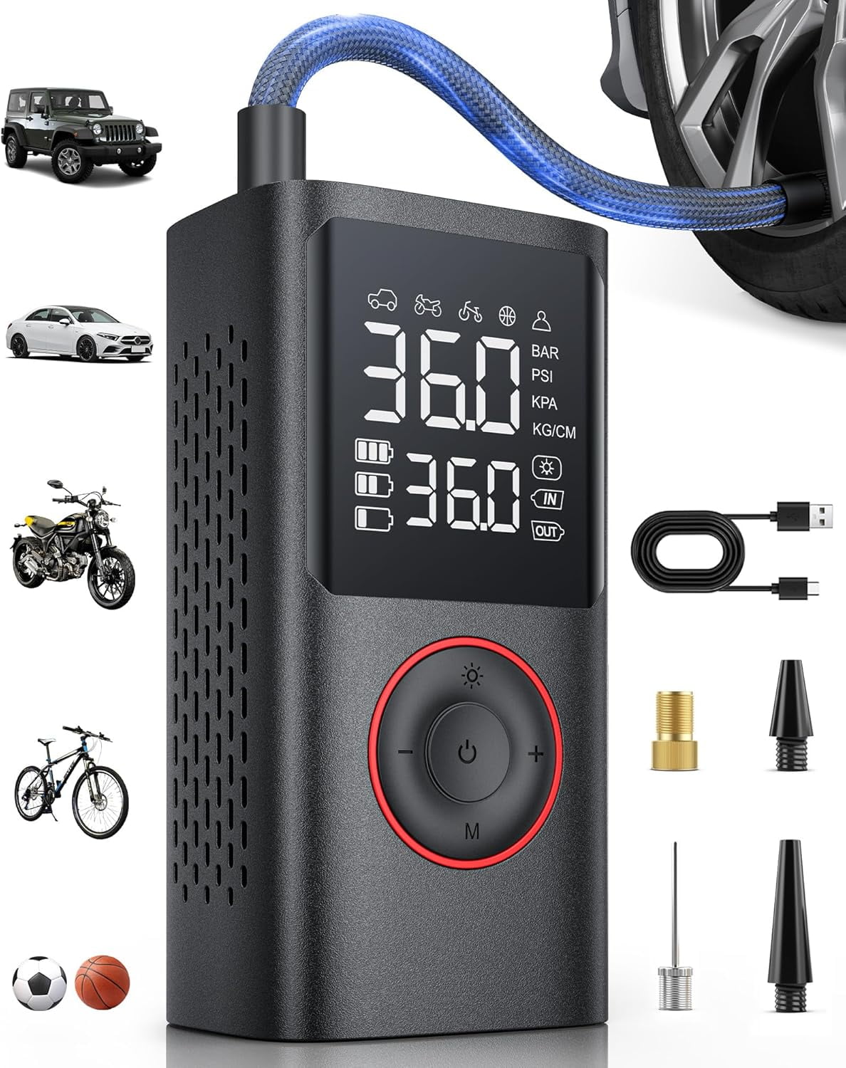 Tire Inflator Portable Air Compressor, 150 PSI Cordless Bike Pump, Air Pump for Auto, Motorcycle ...