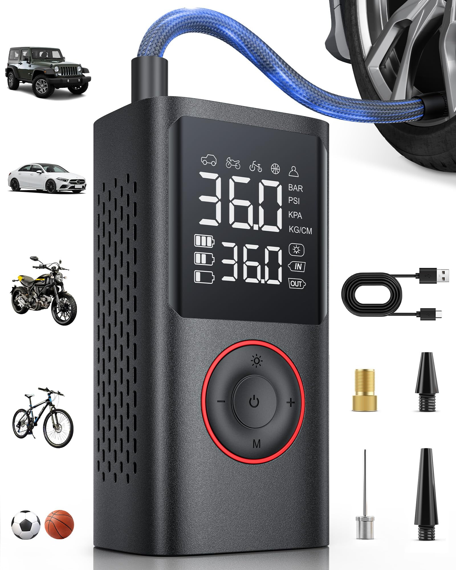 Tire Inflator Portable Air Compressor, 150 PSI Cordless Bike Pump, Air ...