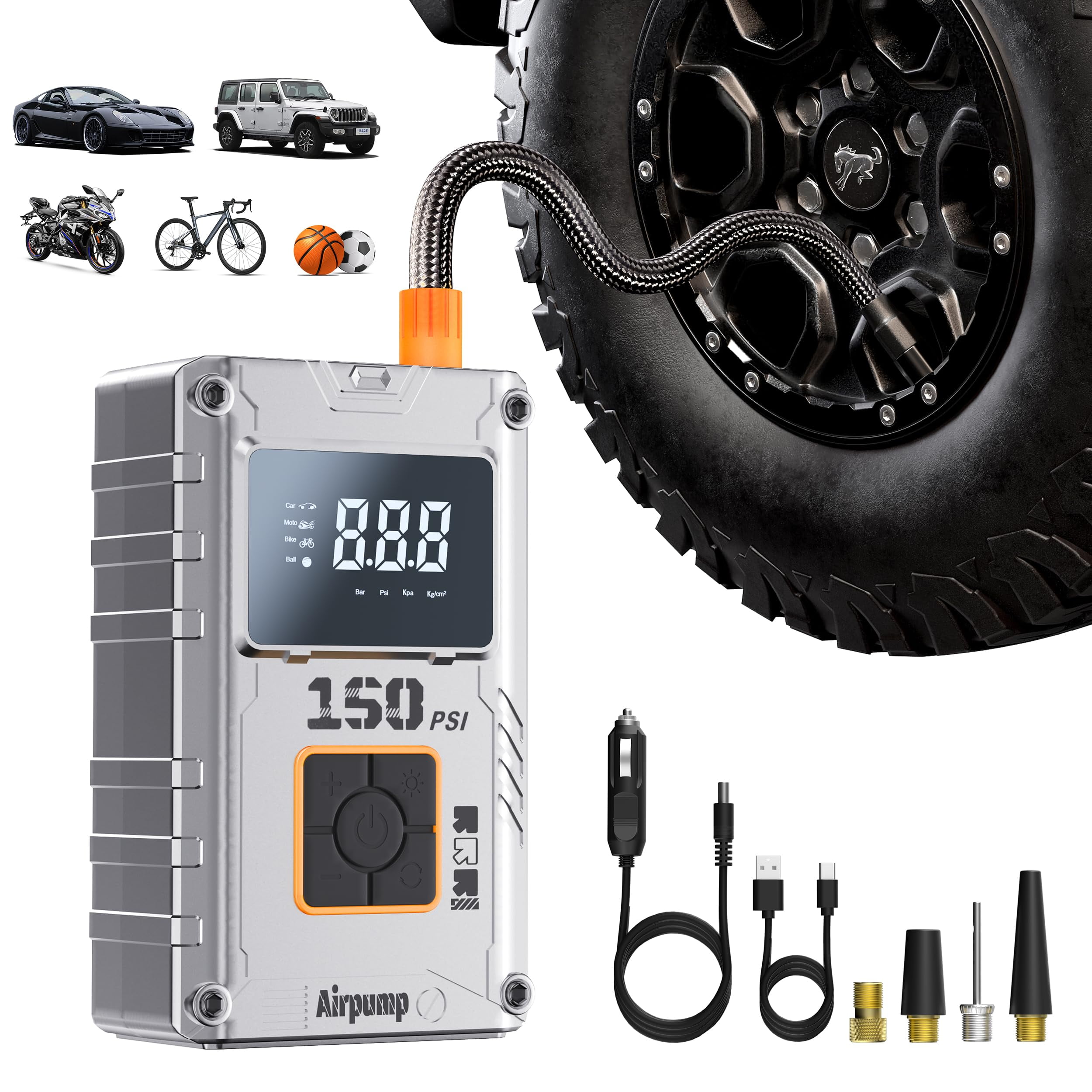 Tire Inflator Portable Air Compressor, 150 PSI Portable Cordless Mini Air Pump for Car Tires ...