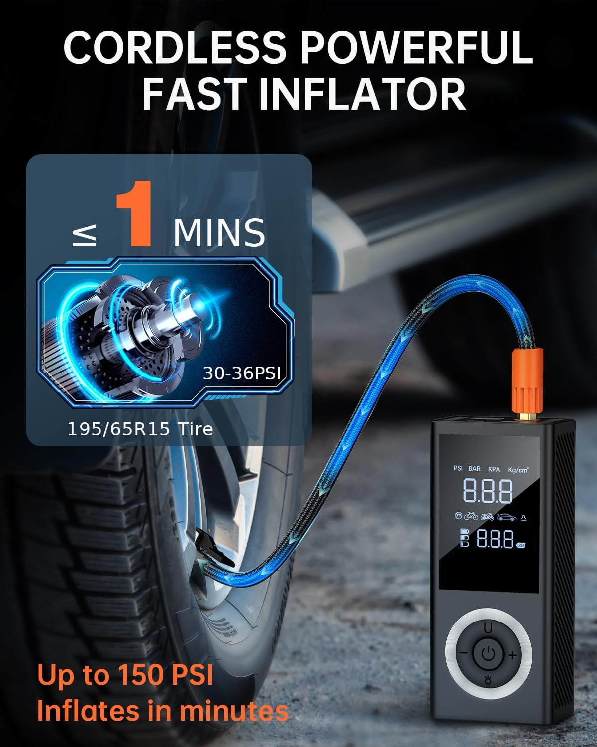 Tire Inflator Portable Air Compressor, 150 PSI Smart Air Pump for Car ...