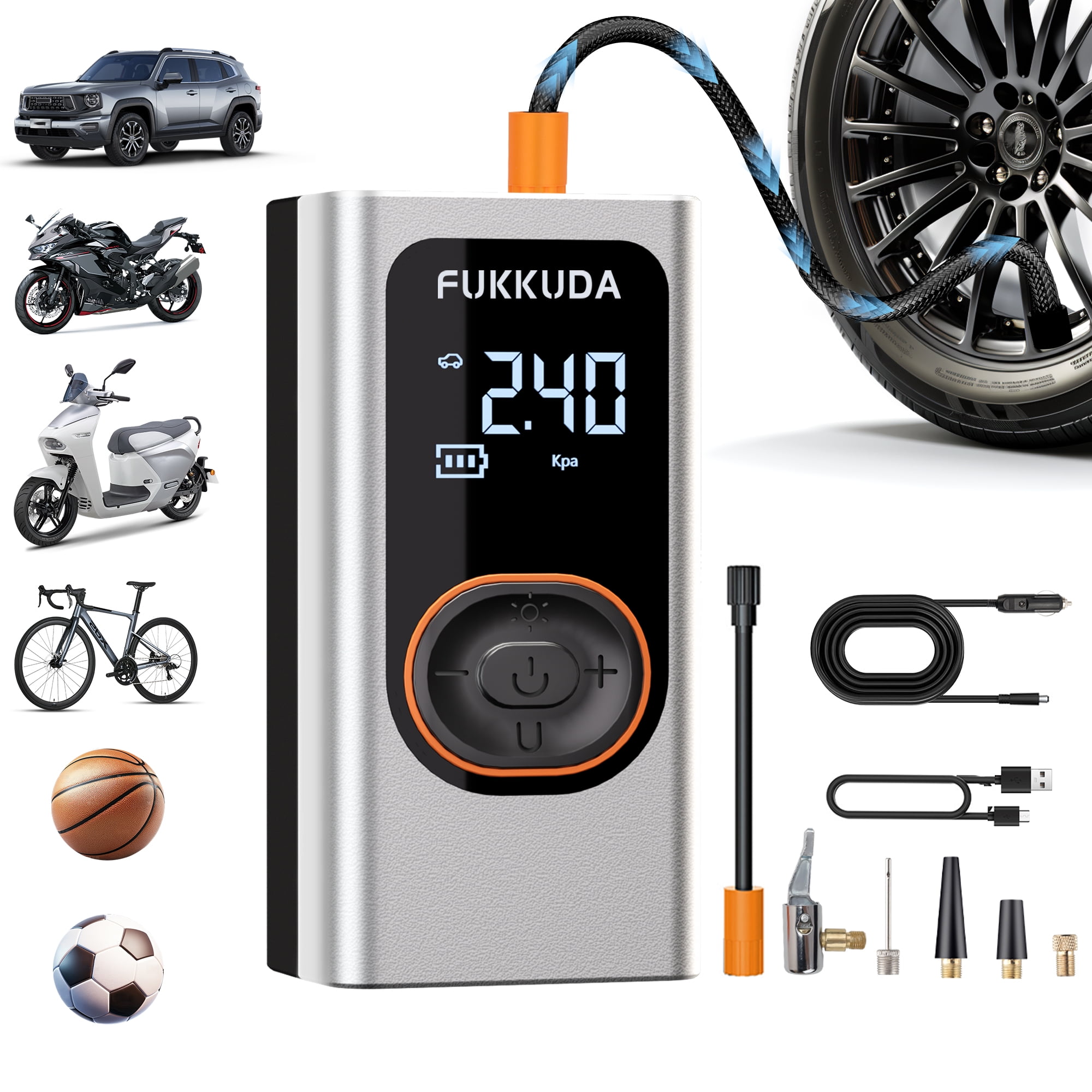 FUKKUDA Portable Air Pump, Rechargeable Tire Inflator for Car, Bike ...