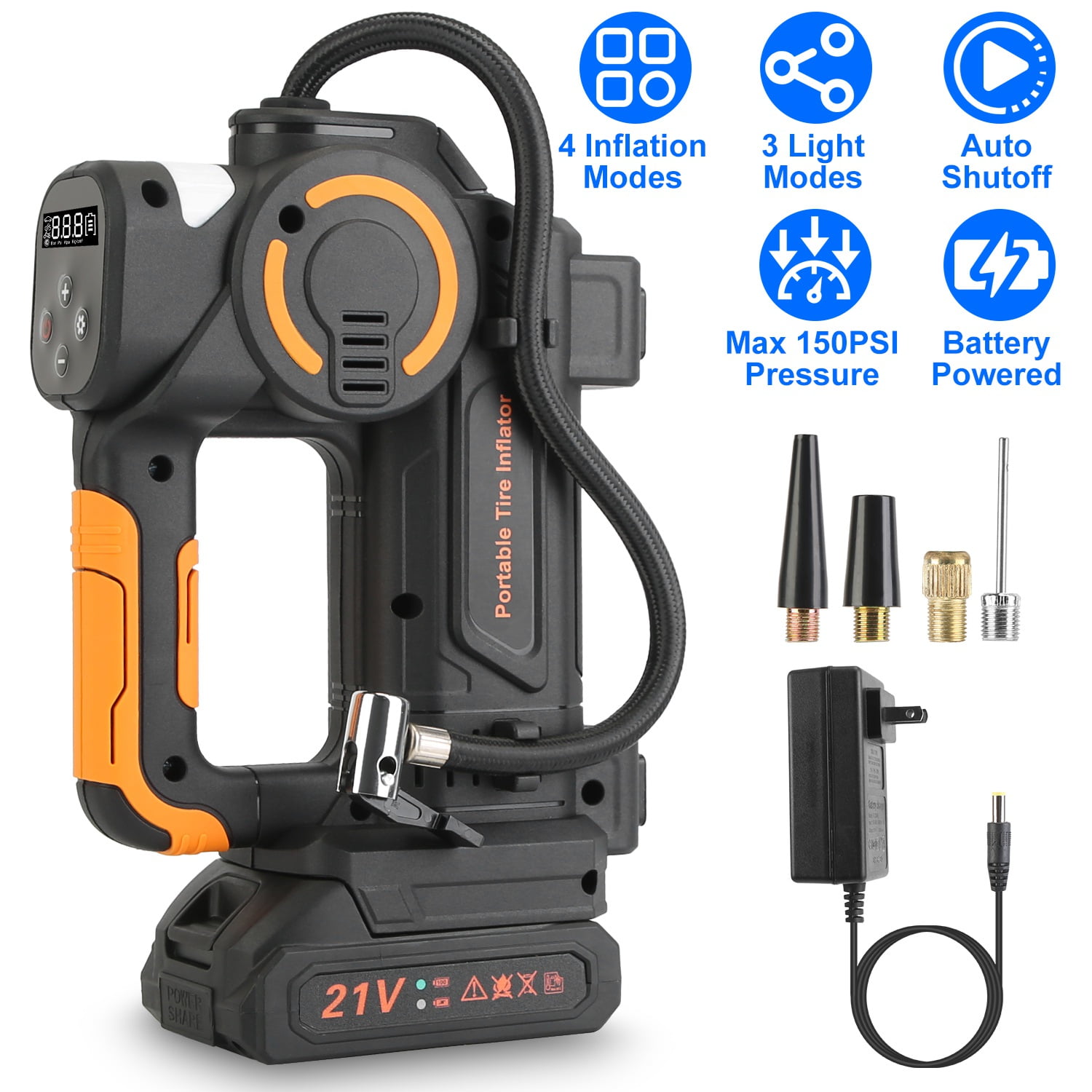 Tire Inflator Portable Air Compressor 150PSI 21V Battery Powered Tire ...
