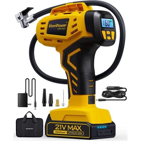 Tire Inflator Portable Air Compressor - 2X Faster - 21V Rechargeable Battery Powered Handheld ...