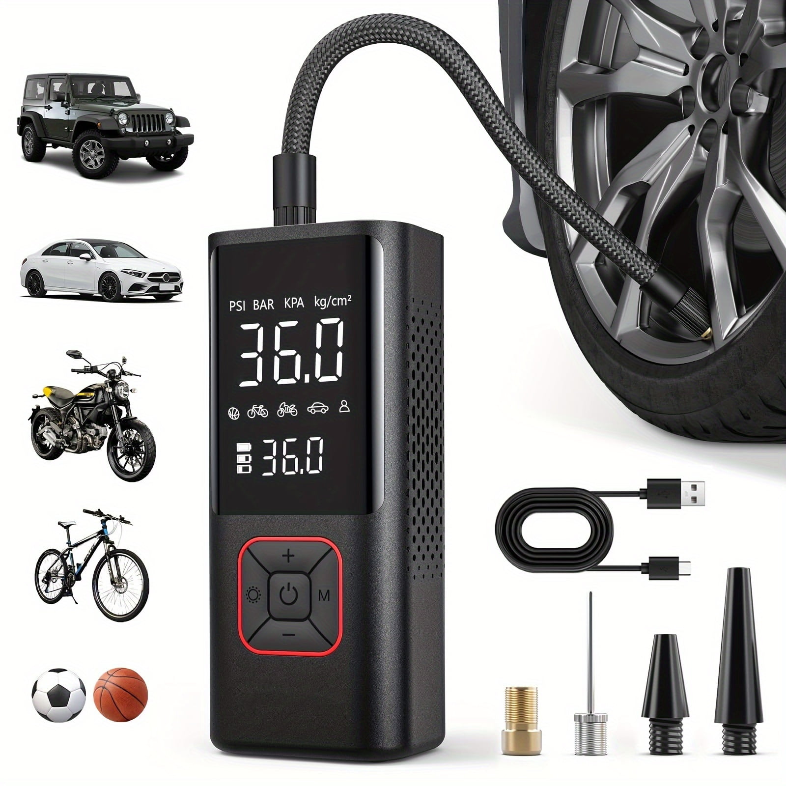 Tire Inflator Portable Air Compressor, 8000mAh Cordless For Car Tires, 3X Fast 150 PSI Electric ...