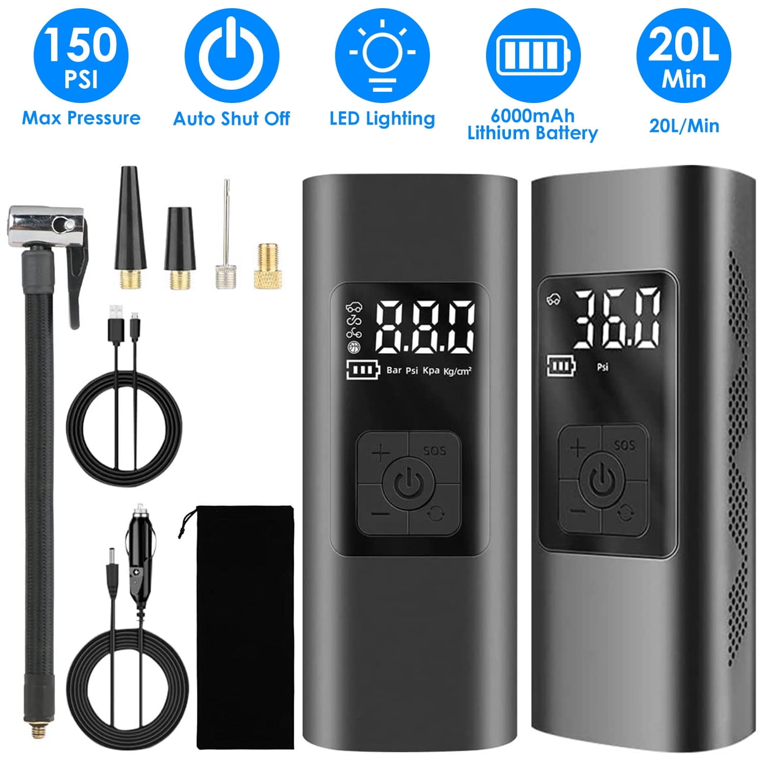 Tire Inflator Portable Air Compressor, TeqHome 150PSI Cordless Air Pump ...