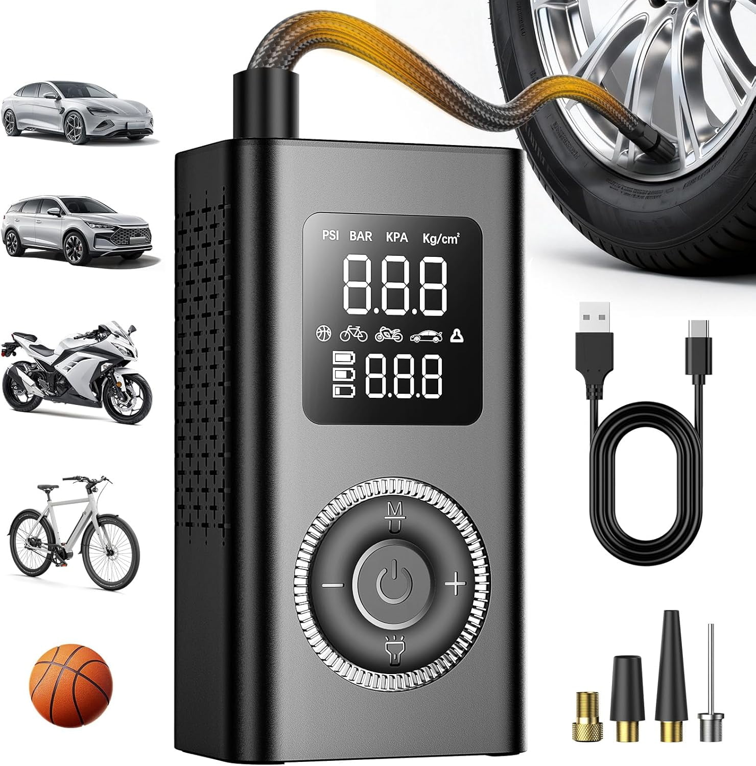 Tire Inflator Portable Air Compressor with Type-C Charging, Digital Pressure Gauge, LED Light ...