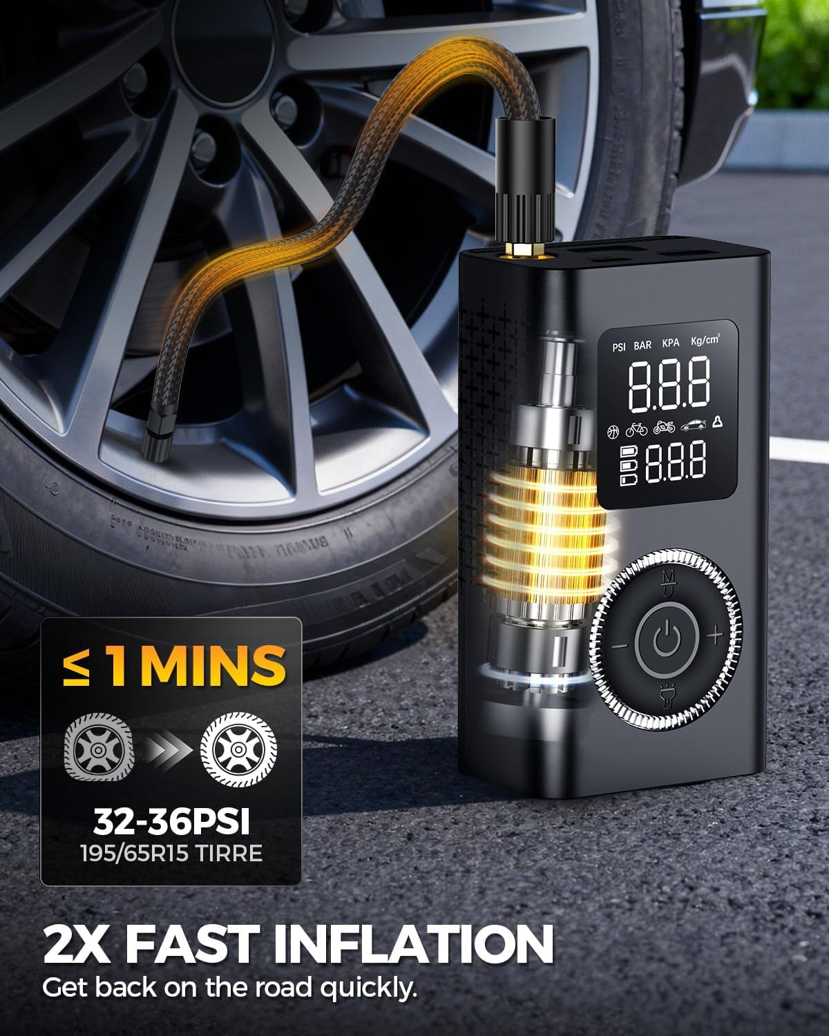 Tire Inflator Portable Air Compressor with Type-C Charging, Digital Pressure Gauge, LED Light ...