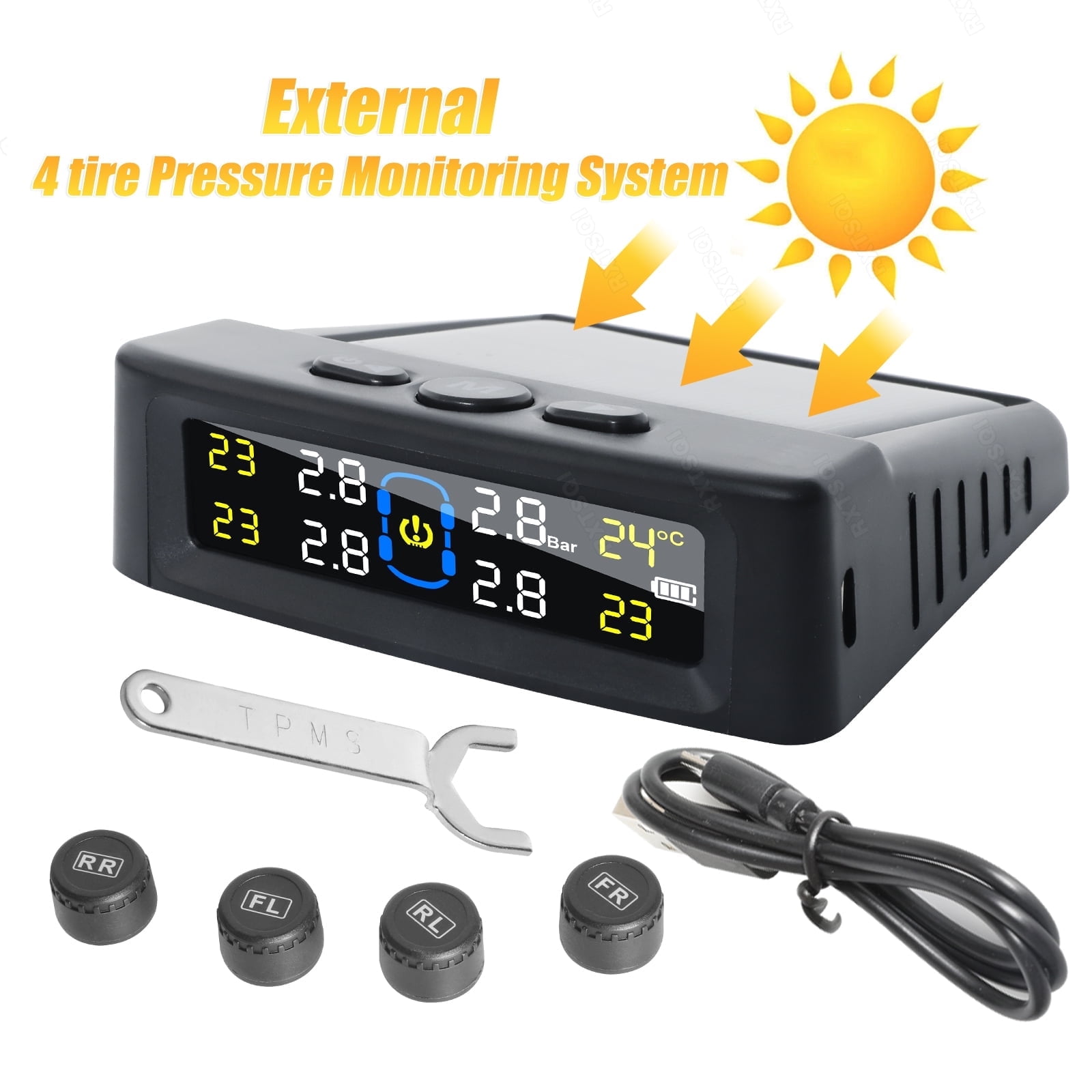 Tire Pressure Monitoring System,4 External Sensors Wireless Solar TPMS ...
