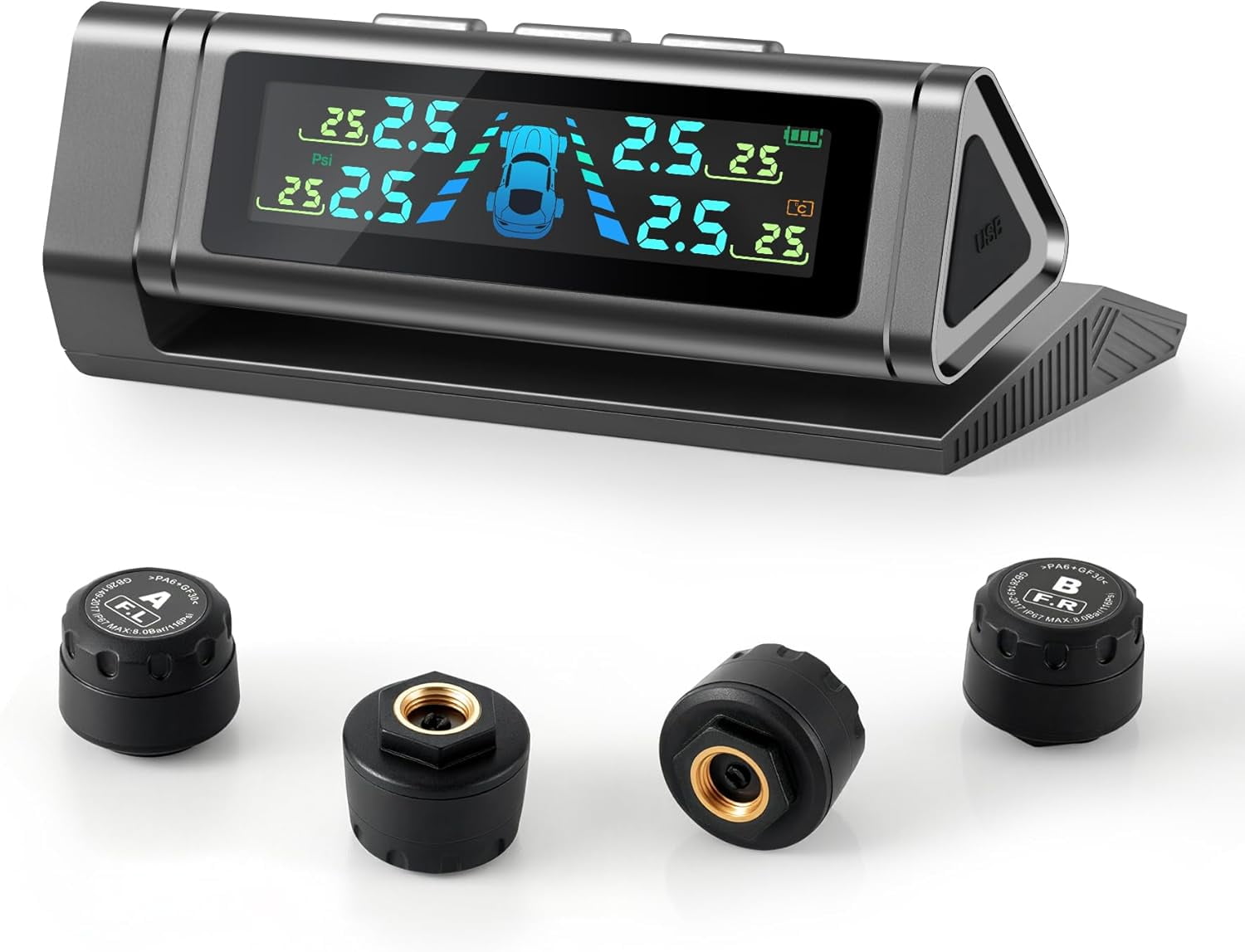Tire Pressure Monitoring System with Solar Charge,Tpms with 4 Sensors and Six Alarm Modes， Color ...