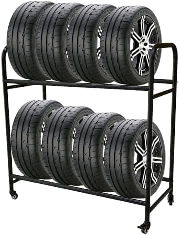 Tire Storage Rack with Wheels, Metal Rolling Tire Stand & Shelving 8 ...