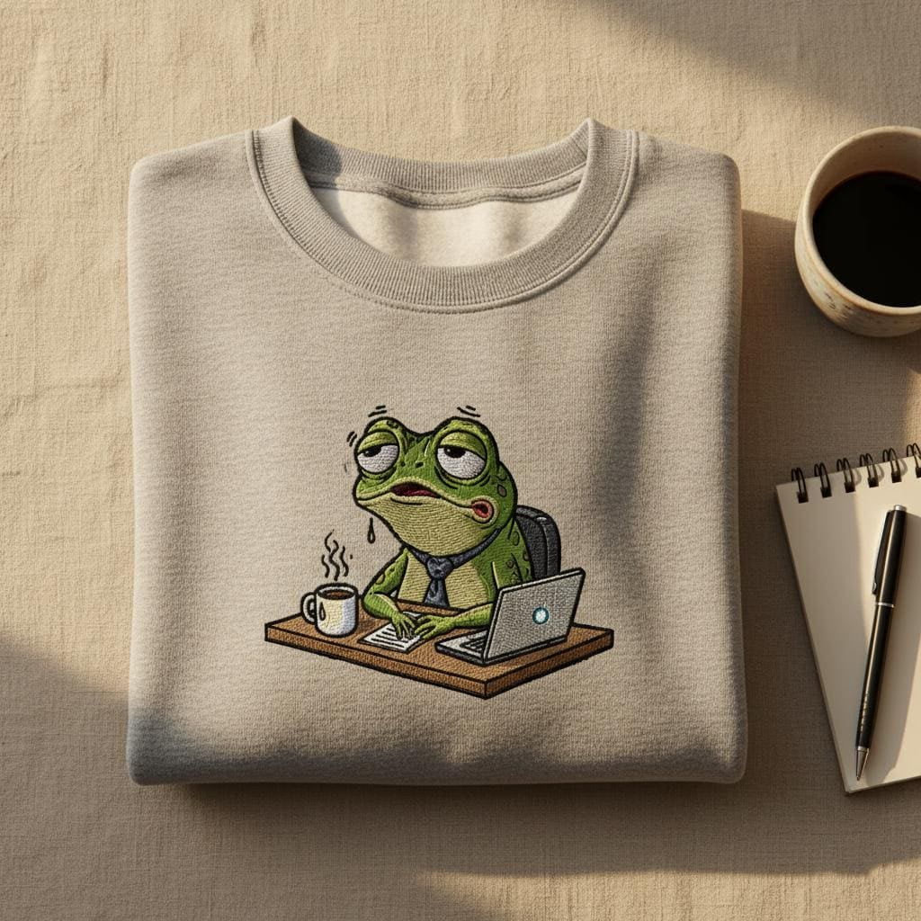 Tired Frog Embroidered Sweatshirt, Office Worker Frog Hoodie, Funny ...