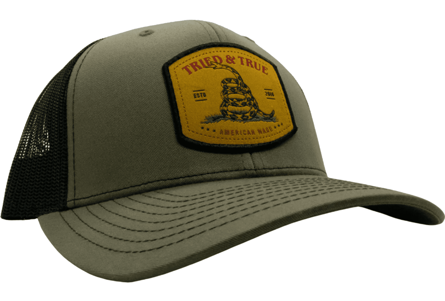 Tired and True Gadsden Flag snake Patch Mesh Back Trucker Hat Baseball Cap, Loden/Black ...