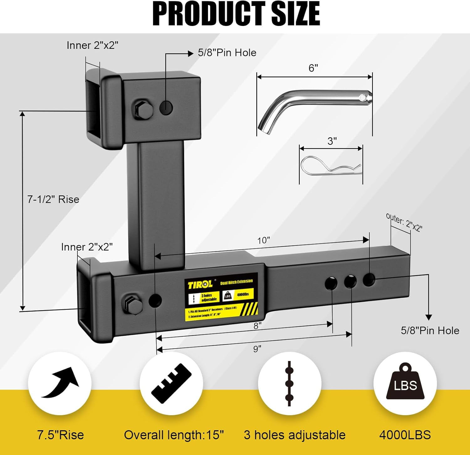 Tirol Hitch Extender - Dual Hitch Extension for 2" Receiver, Adjustable ...
