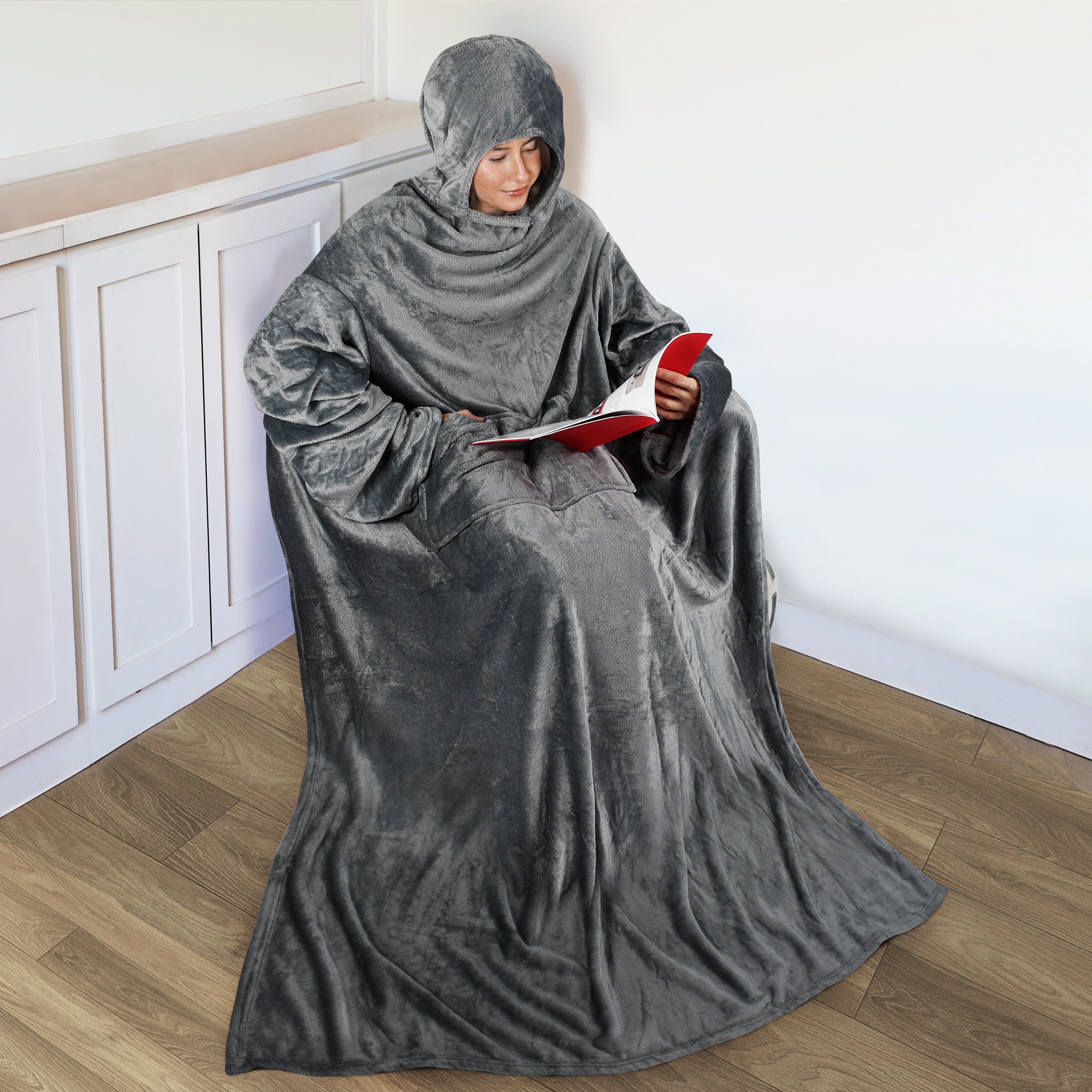 Tirrinia Hood Wearable Fleece Blanket with Sleeves for Adult Women Men ...