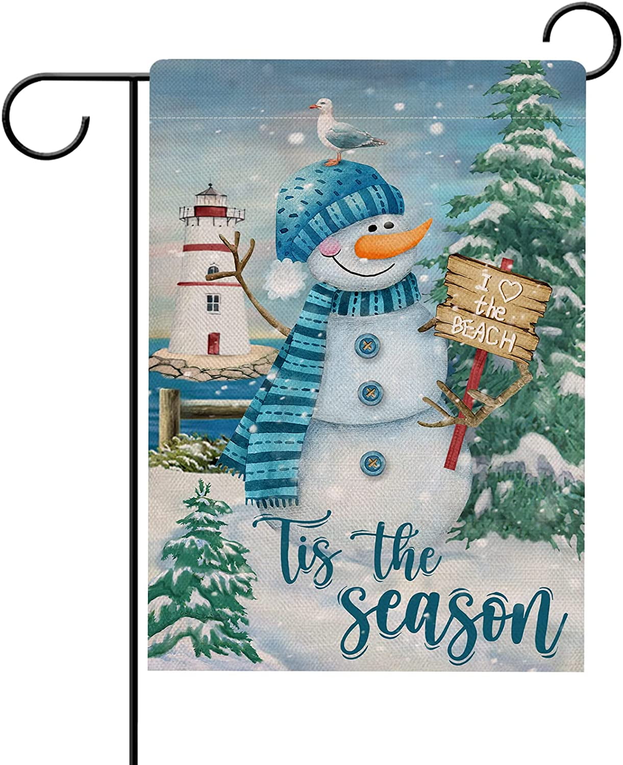 Tis the Season Winter Beach Snowman Snowflakes Ocean Coastal Blue ...