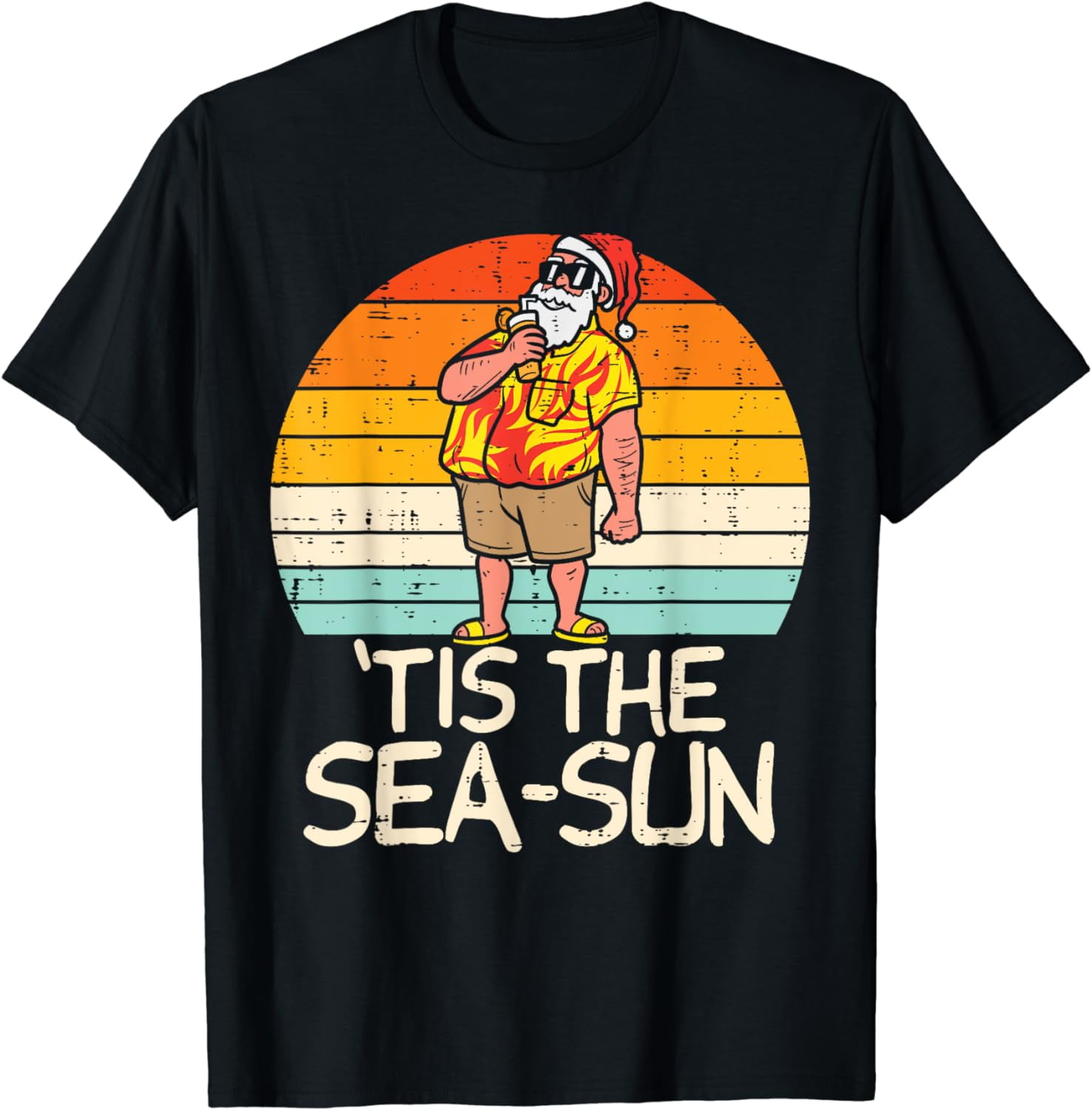 Tis The Sea Sun Santa Sunset Retro Christmas In July Summer T-Shirt ...