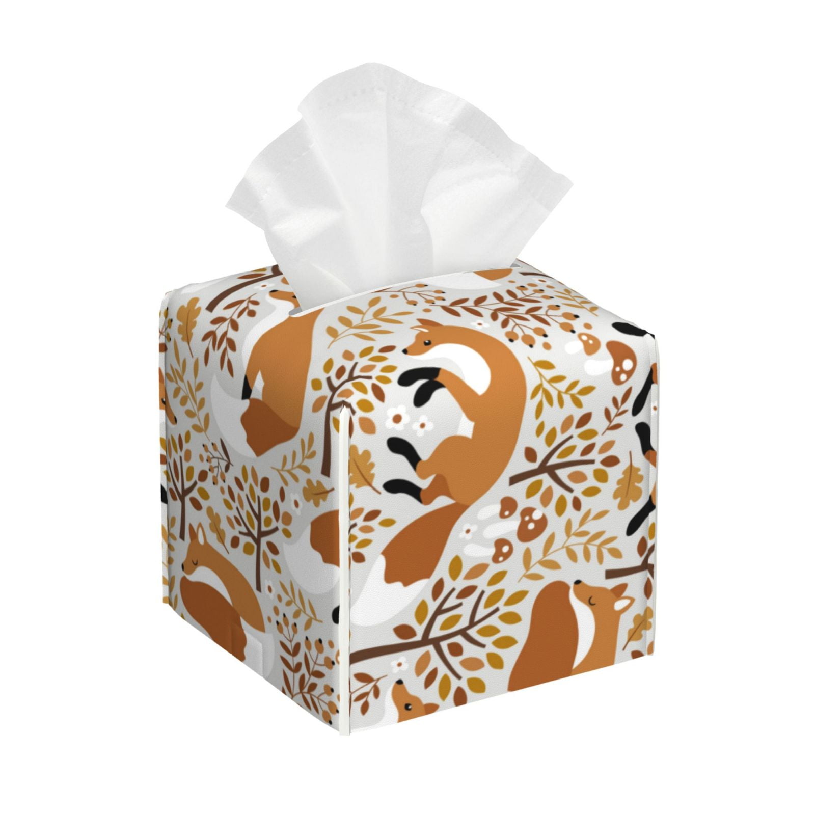 Tissue Box Cover, Autumn Fox with Brown Plants Leather Tissue Box ...