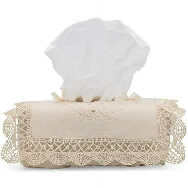 Tissue Box Cover Beige Ecru Unbleached Linen Rectangular with Cluny ...