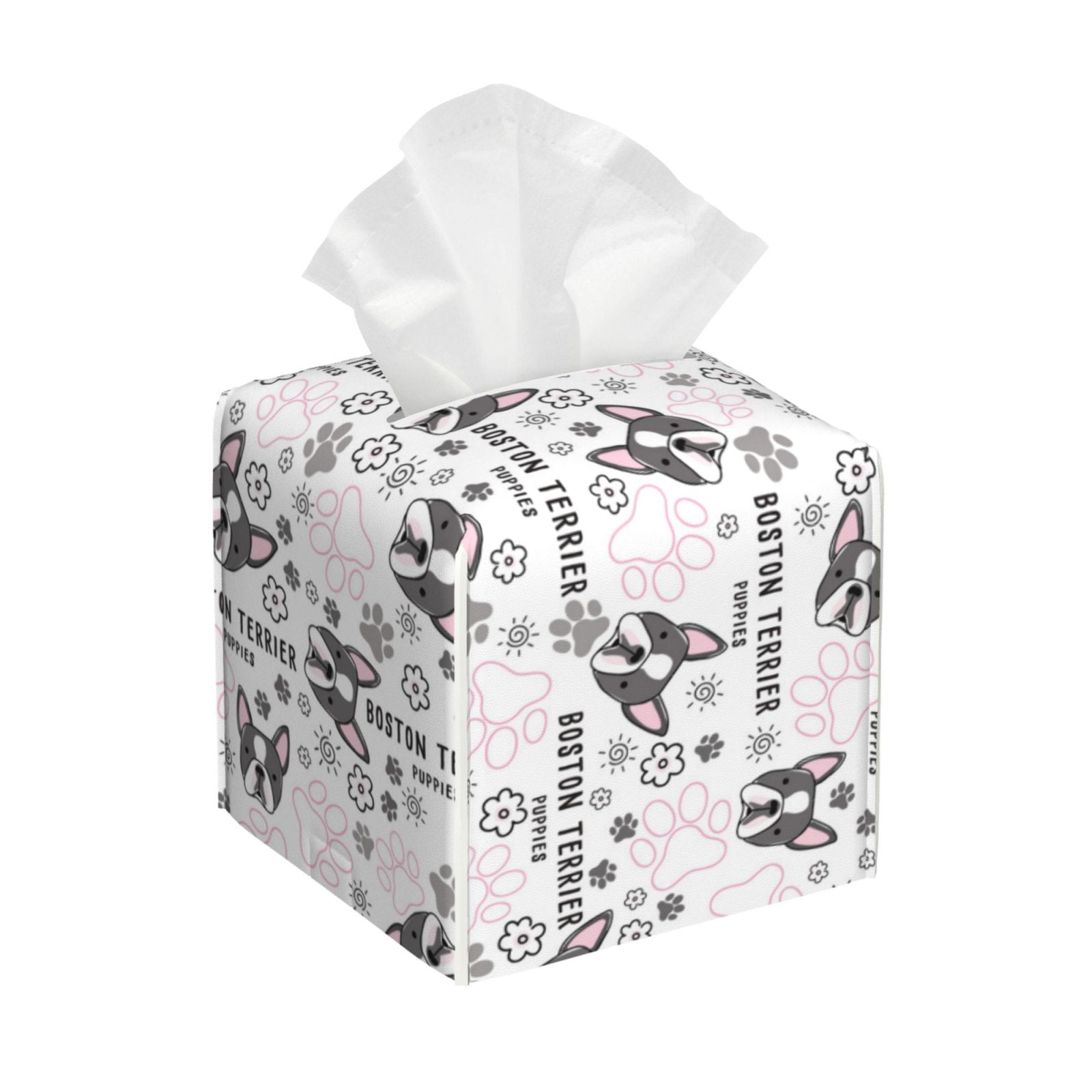 Tissue Box Cover, Boston Terrier puppies pink paw Leather Tissue Box ...