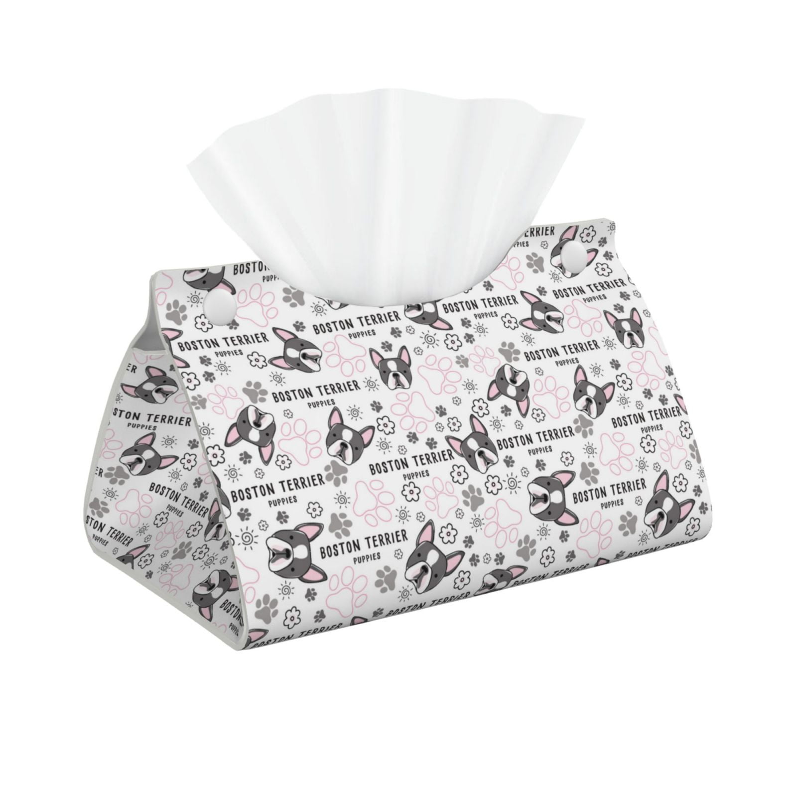 Tissue Box Cover, Boston Terrier puppies pink paw Leather Rectangular ...