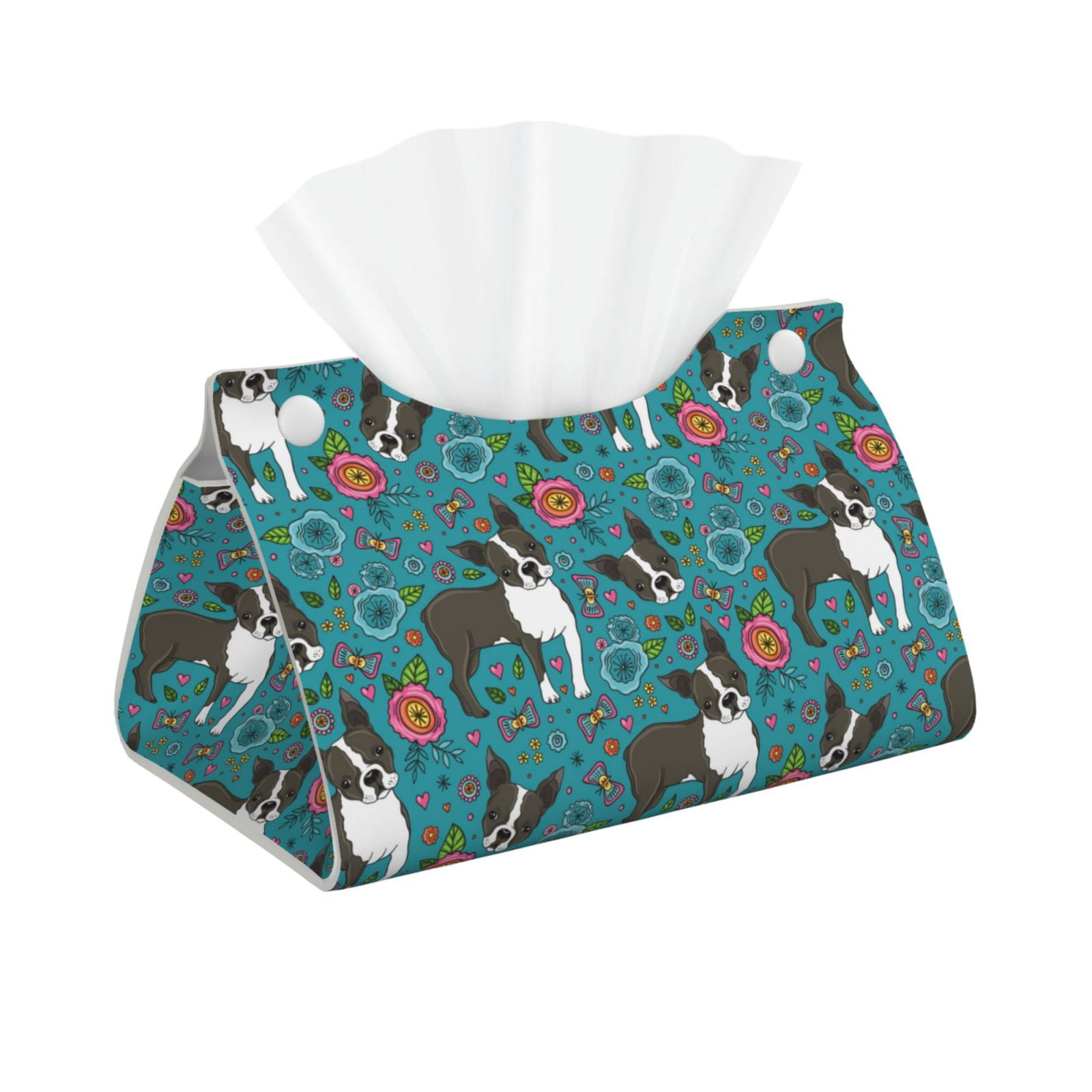 Tissue Box Cover, Boston terrier flowers green cute Rectangular Leather ...
