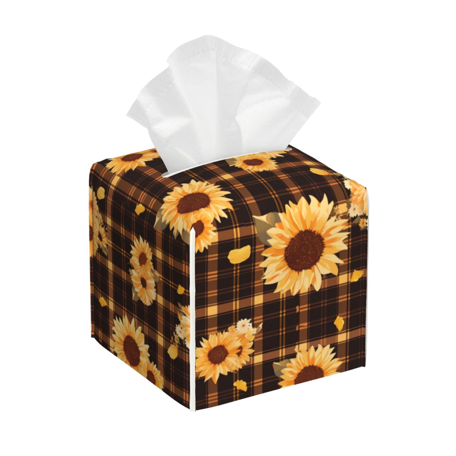 Tissue Box Cover, Brown Plaid Sunflower Leather Tissue Box Holder ...