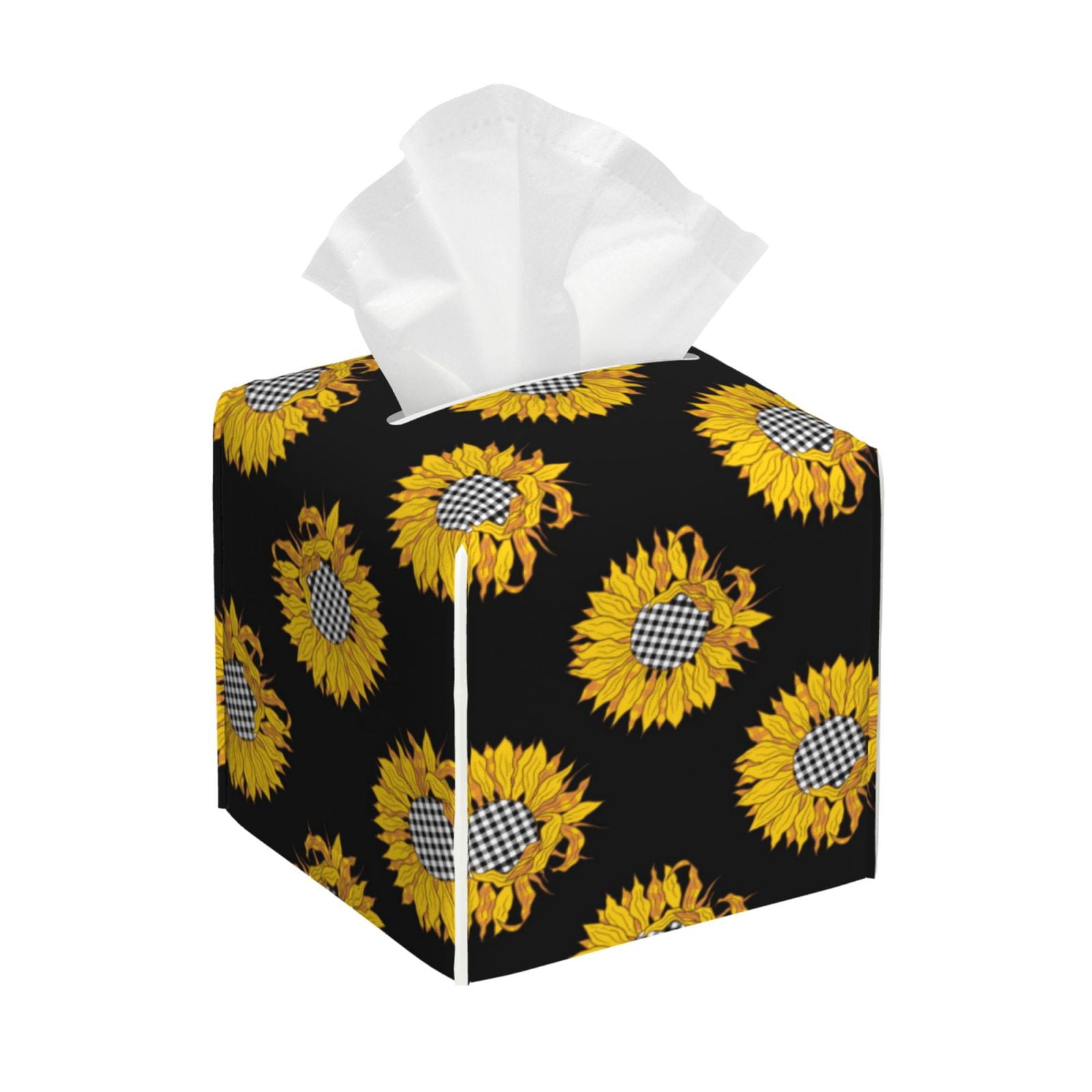 Tissue Box Cover - Buffalo plaid sunflowers black Modern Square Leather ...