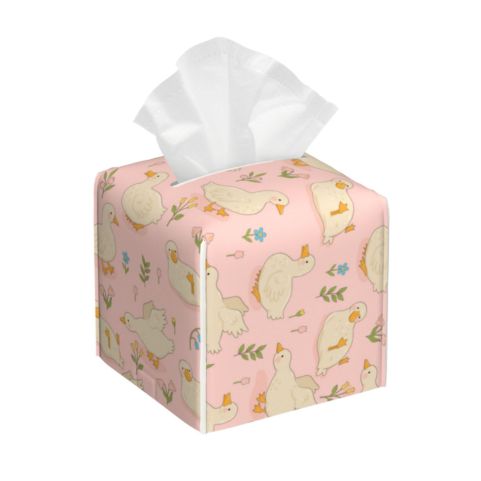 Tissue Box Cover, Cartoon Cute Duck Flower Pink Leather Tissue Box ...