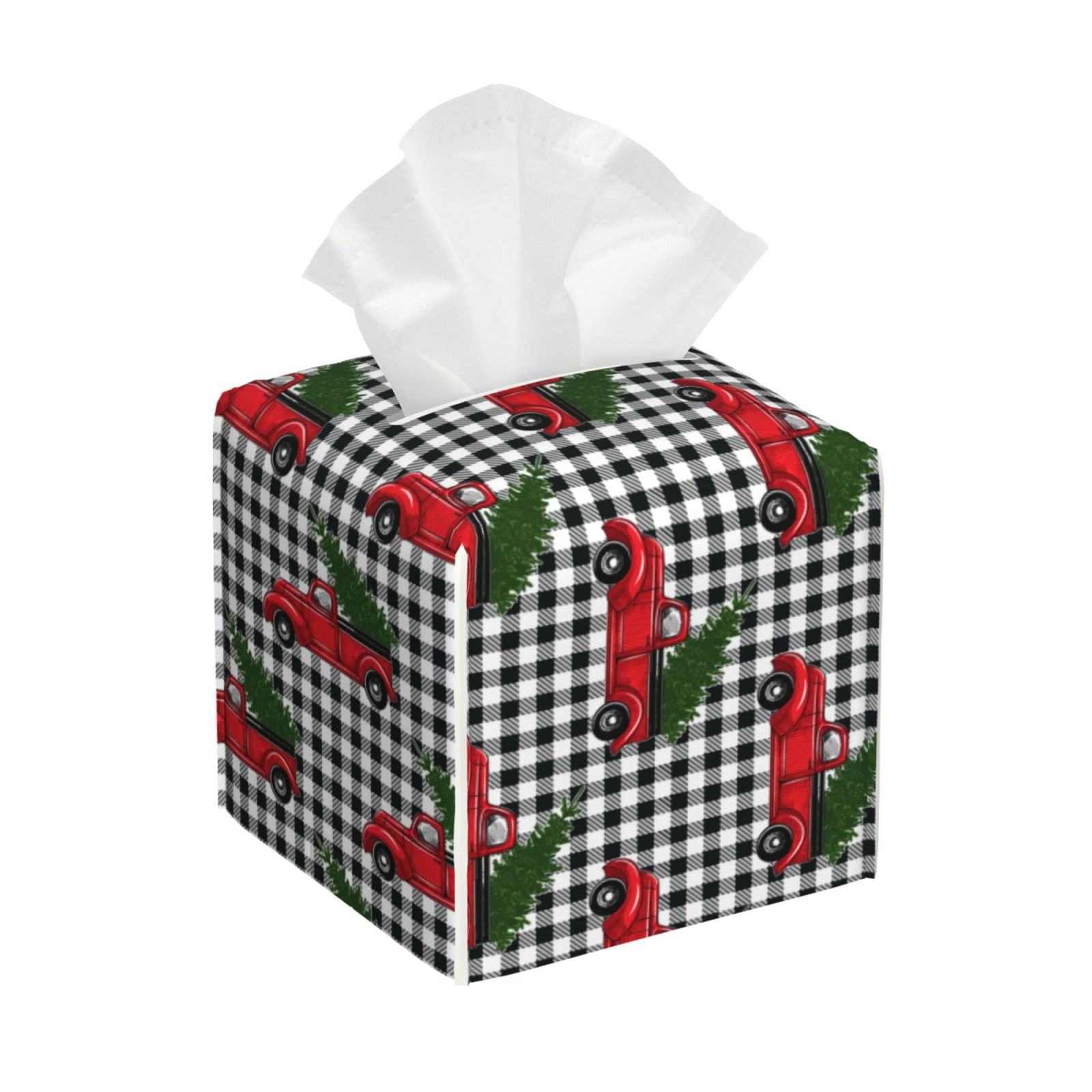 Tissue Box Cover, Christmas red truck tree Buffalo Plaid Leather Tissue ...