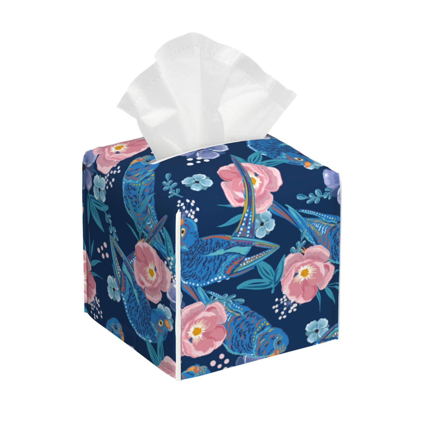 Tissue Box Cover, Classic Blue Cute Parrot Flower Leather Tissue Box ...