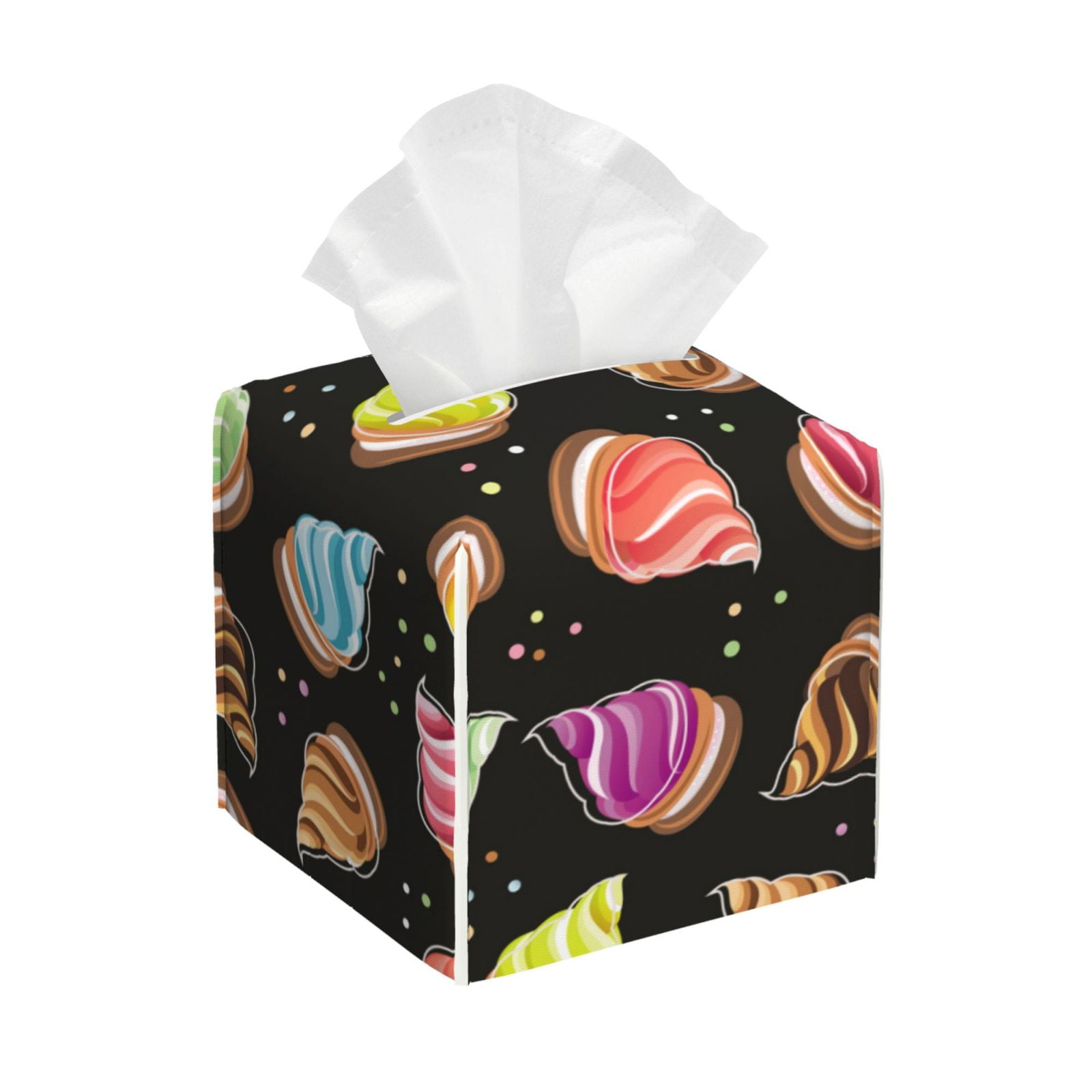 Tissue Box Cover, Colourful Ice Cream Print Black Leather Tissue Box ...