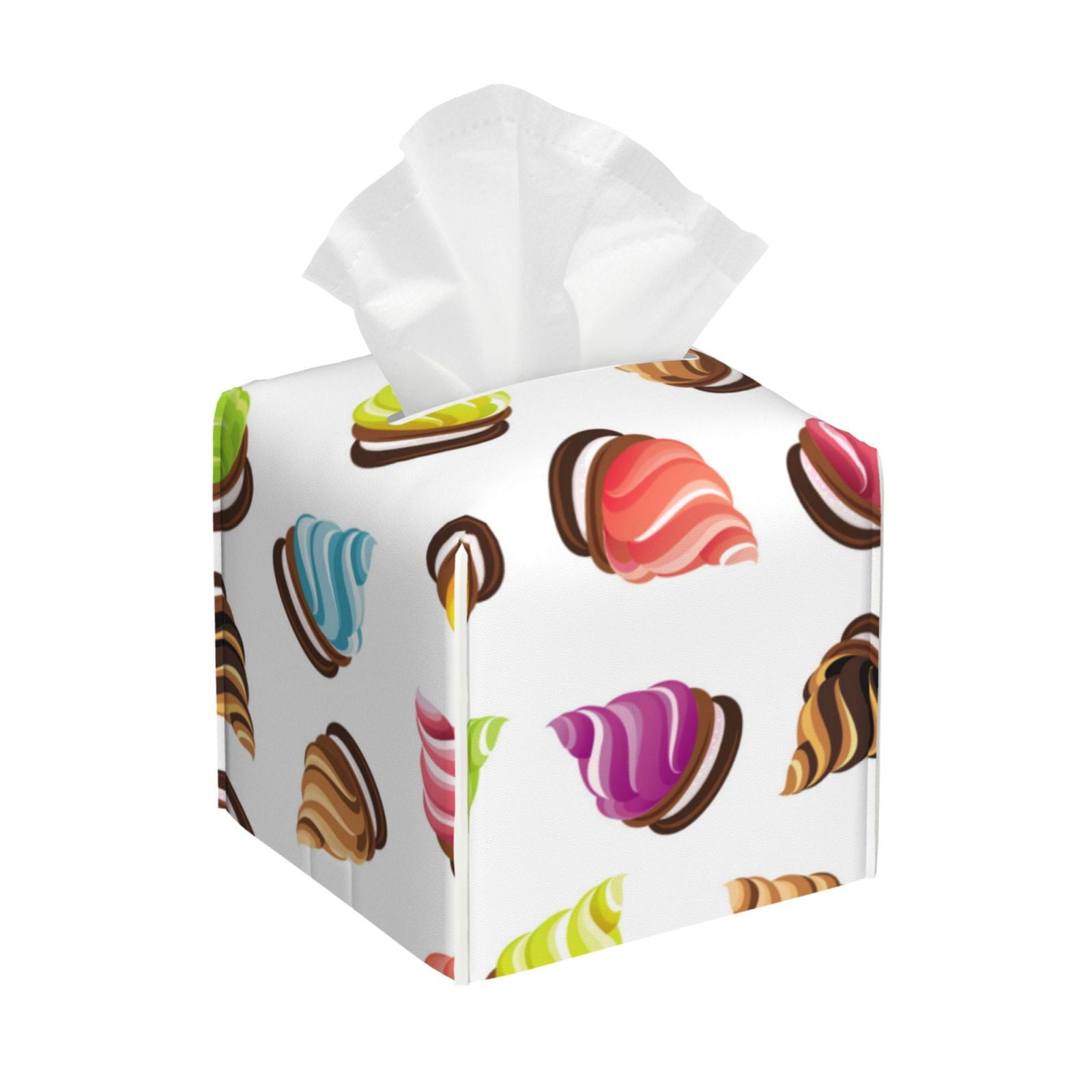 Tissue Box Cover, Colourful Ice Cream Print White Leather Tissue Box ...