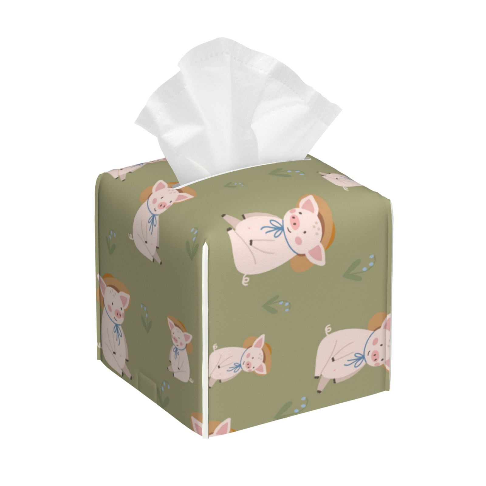 Tissue Box Cover, Cowboy Hat Cute Pig Green Leather Tissue Box Holder ...
