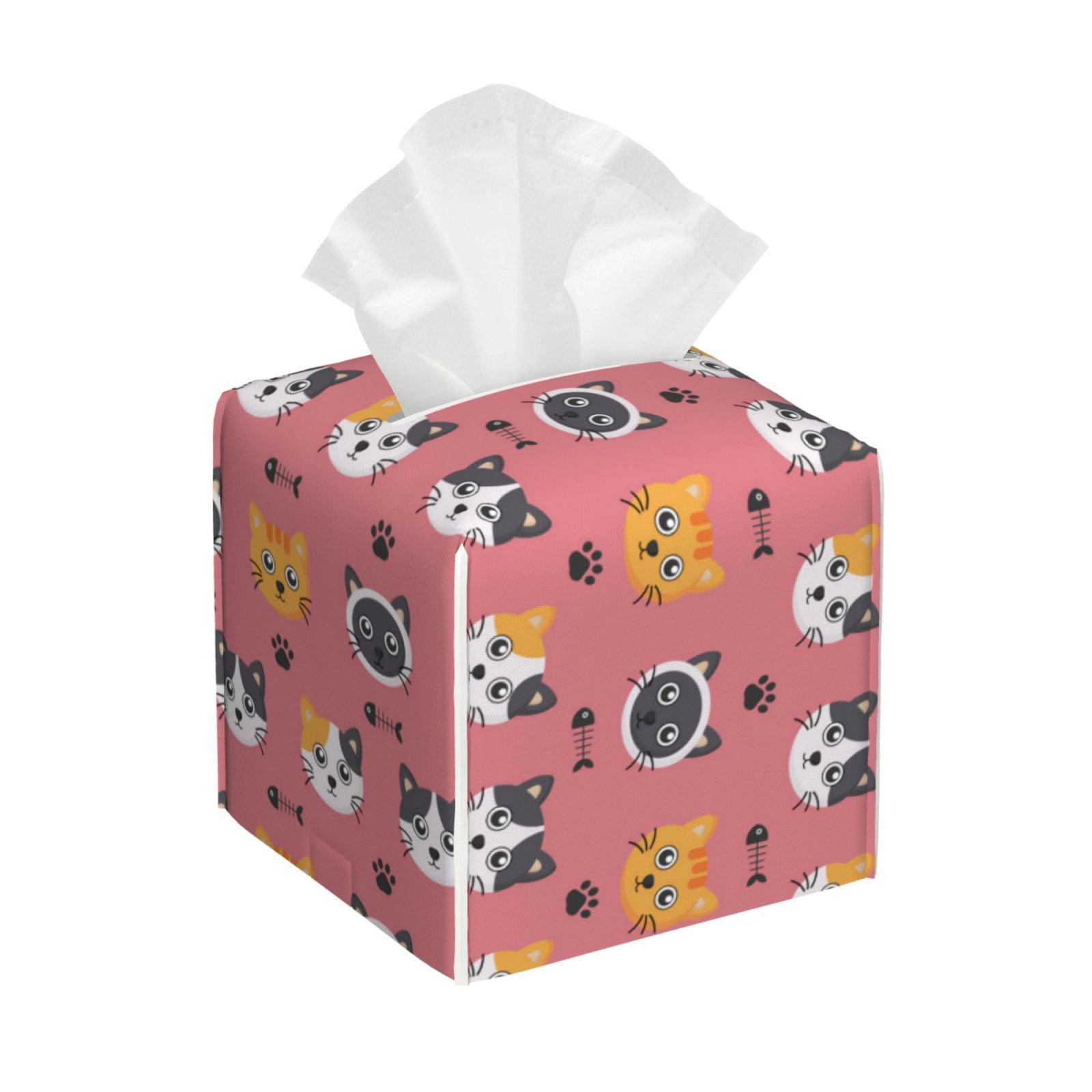 Tissue Box Cover, Cute Cartoon Cat Fishbone Leather Tissue Box Holder ...