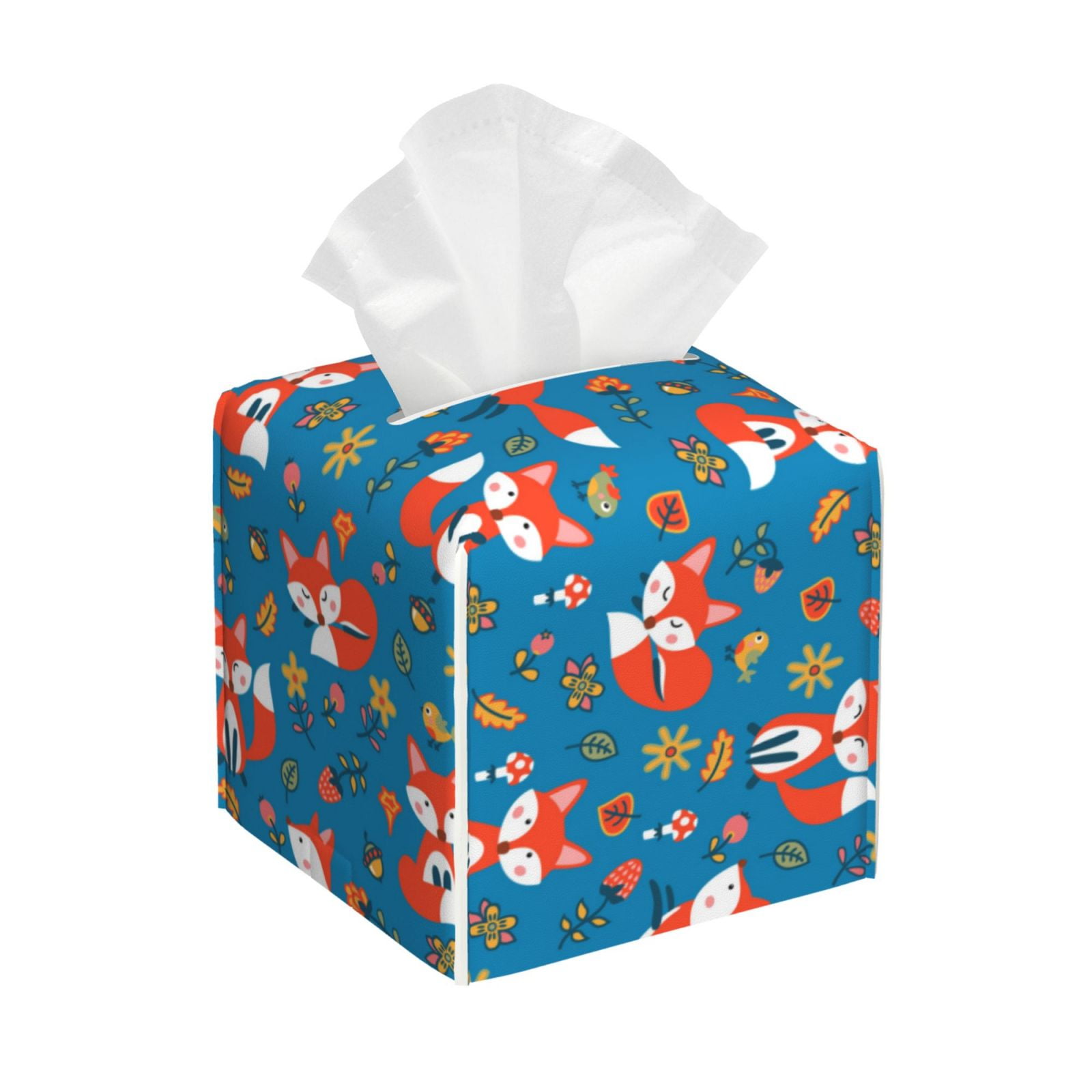 Tissue Box Cover, Cute Fox Floral Leather Tissue Box Holder - Tissue ...