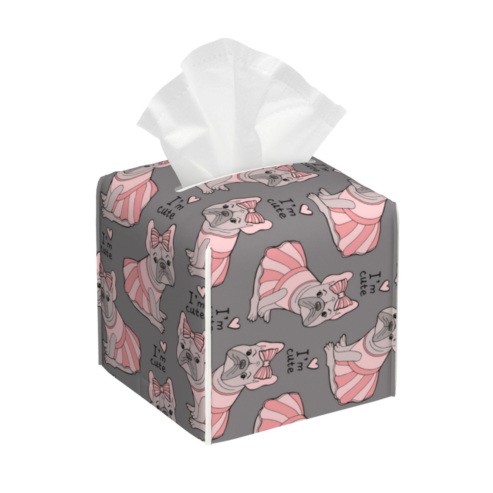 Tissue Box Cover, Cute French Bulldog Pink Skirt Leather Tissue Box ...