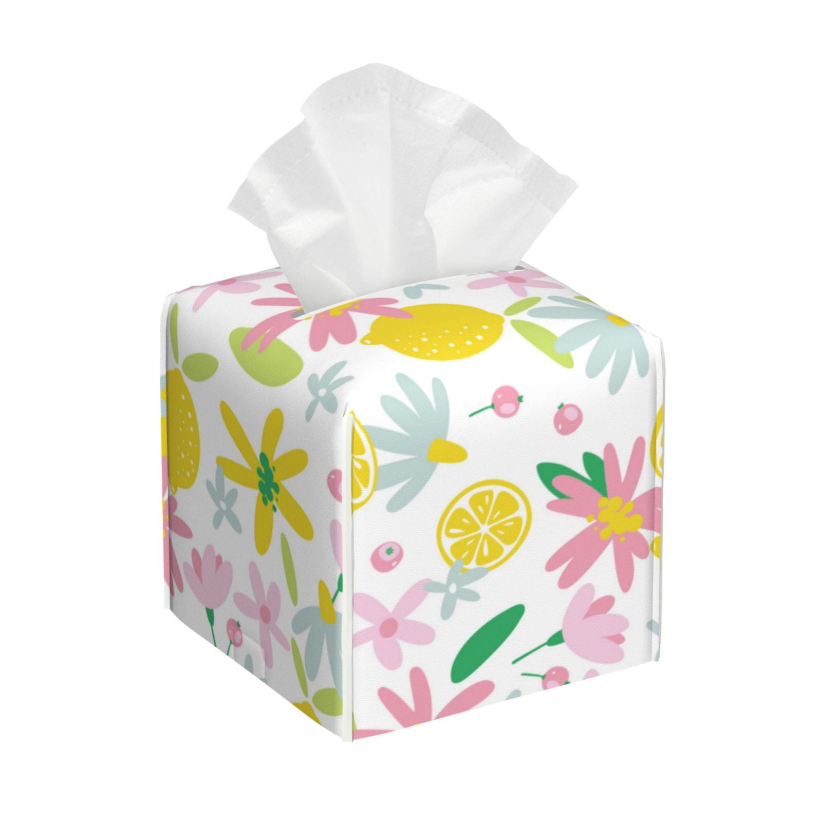 Tissue Box Cover, Cute Lemon Pink Flowers Leather Tissue Box Holder ...