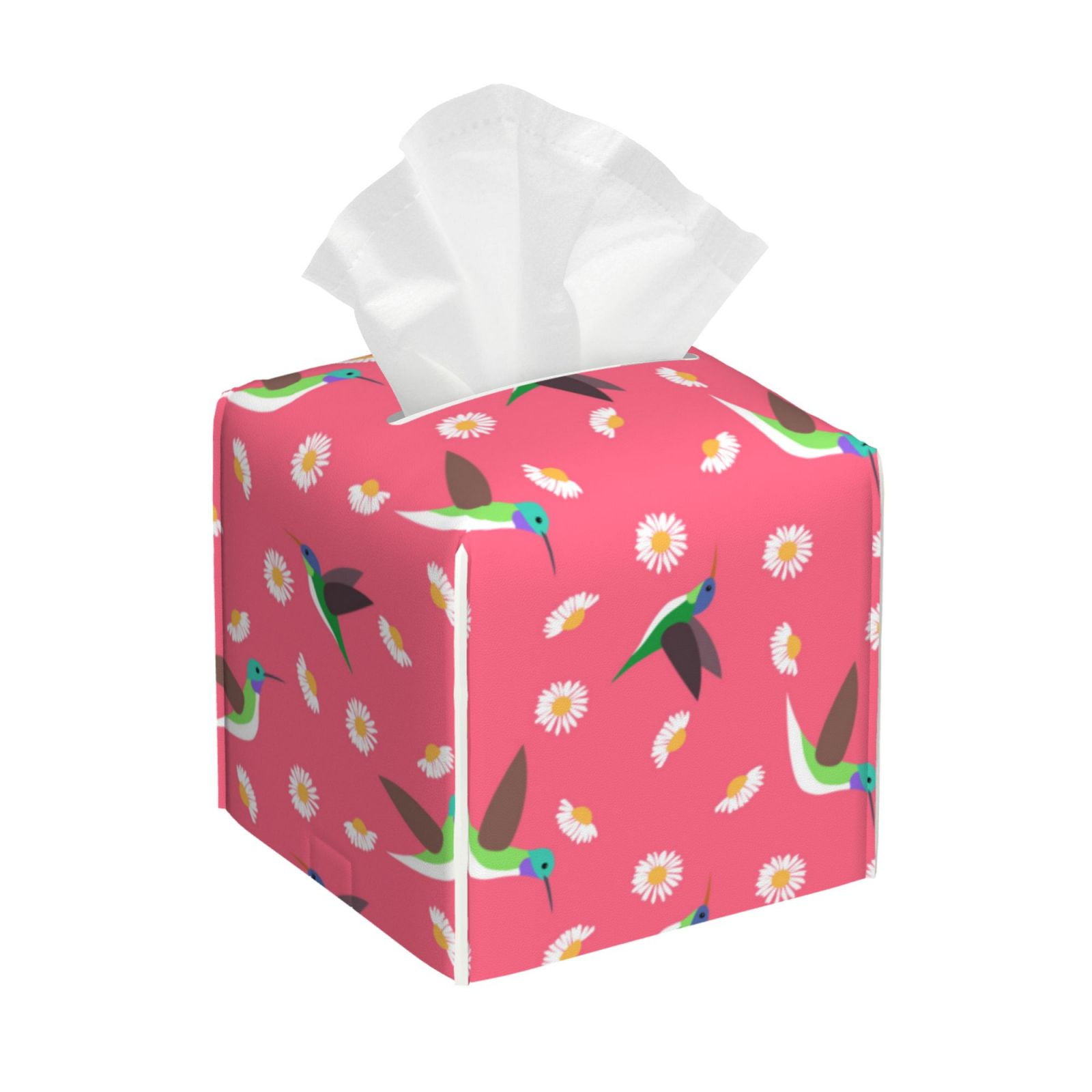 Tissue Box Cover, Daisy Hummingbird Print Pink Leather Tissue Box ...