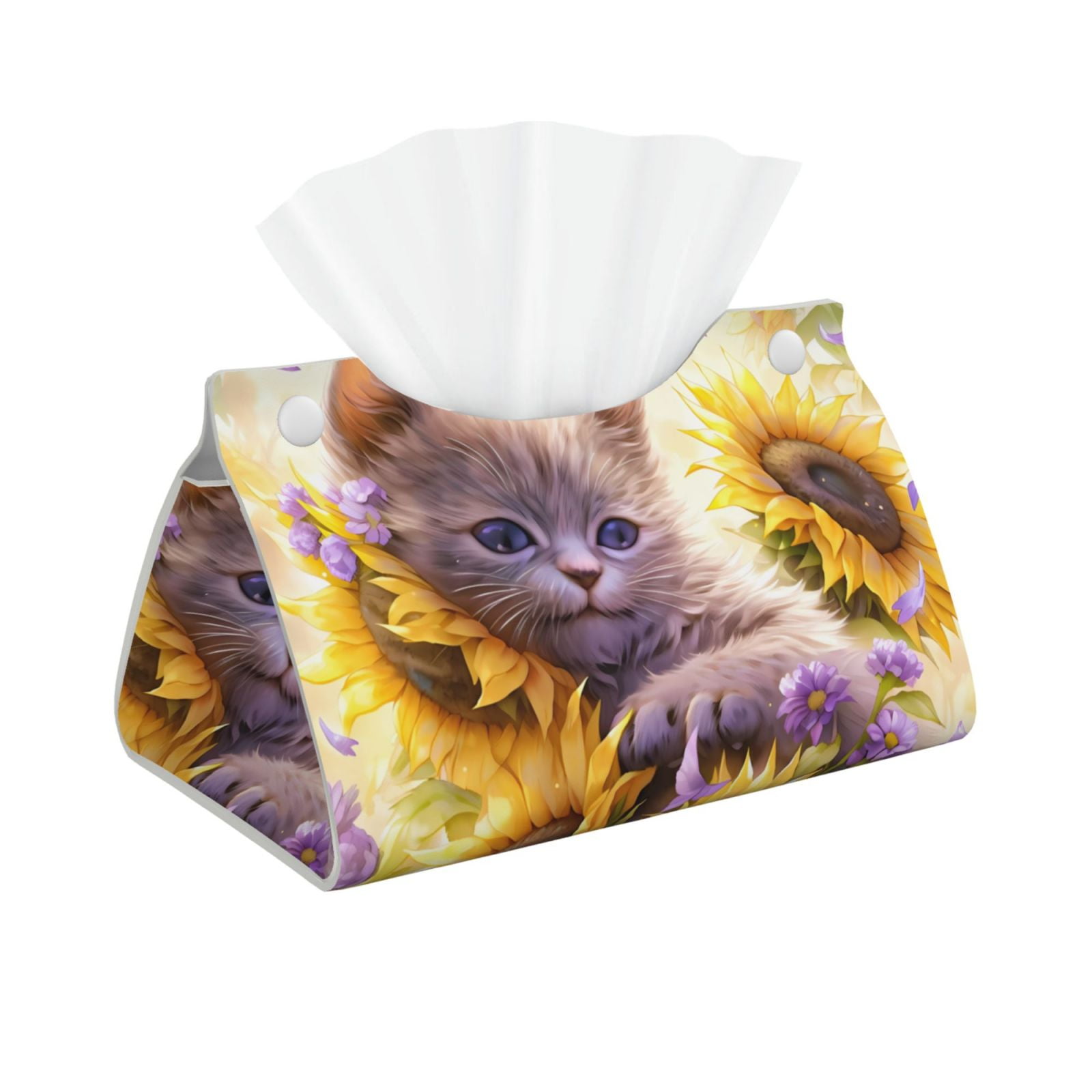 Tissue Box Cover, Daisy Sunflower Lazy Cat Rectangular Leather Tissue ...