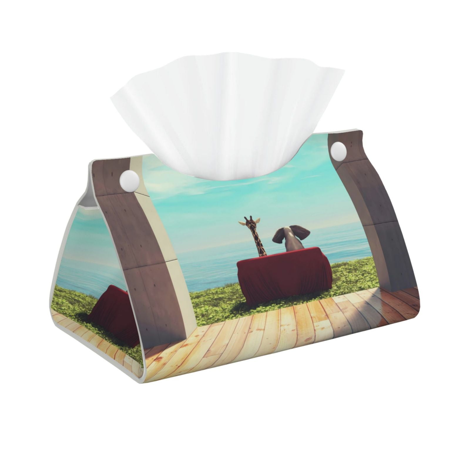 Tissue Box Cover, Elehpant And A Giraffe Looking At The Sea Leather ...