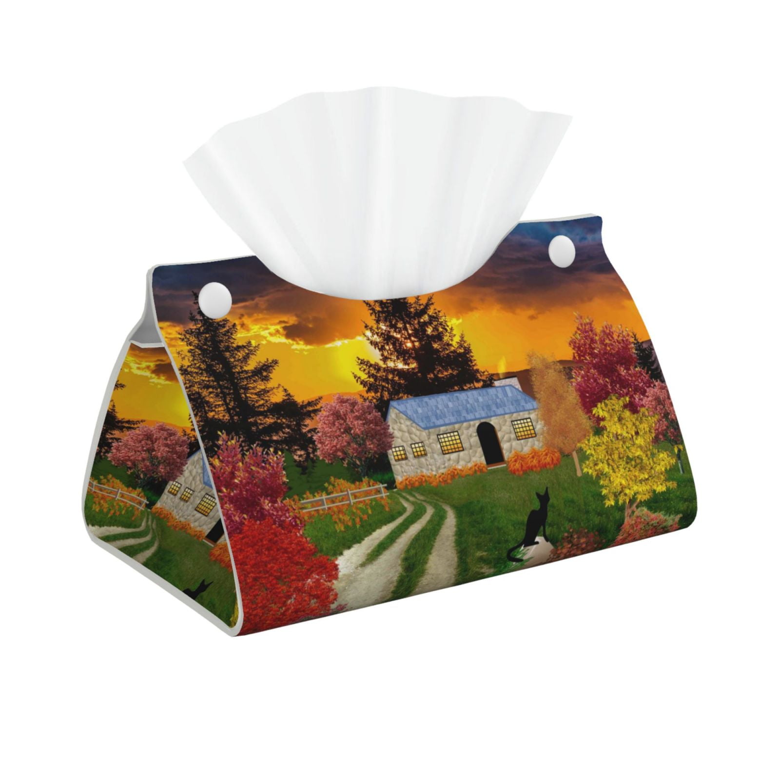Tissue Box Cover Fall Village Scenery Tissues Boxes Holder Organizer ...
