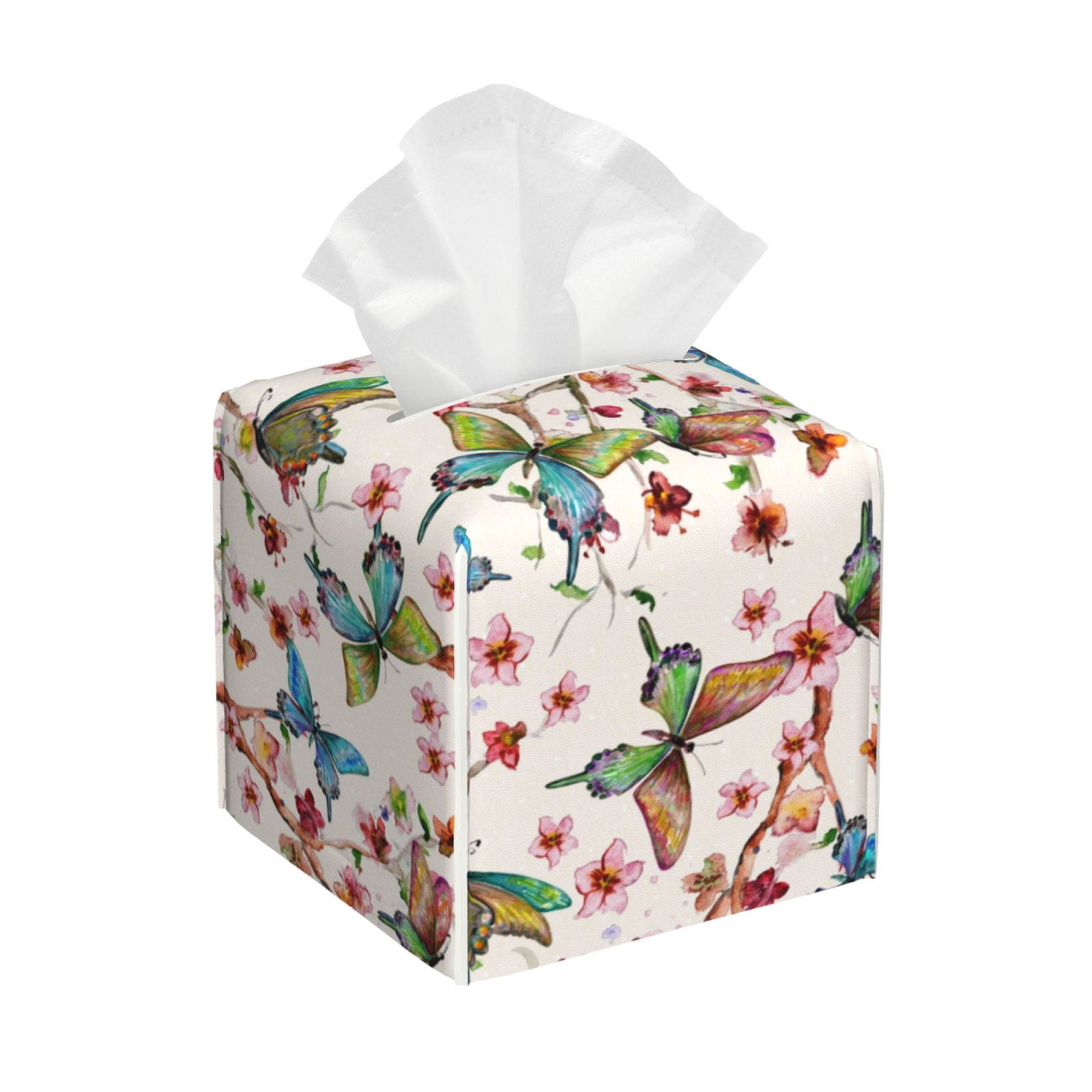 Tissue Box Cover, Floral With Butterflies -Modern Square Leather Tissue ...