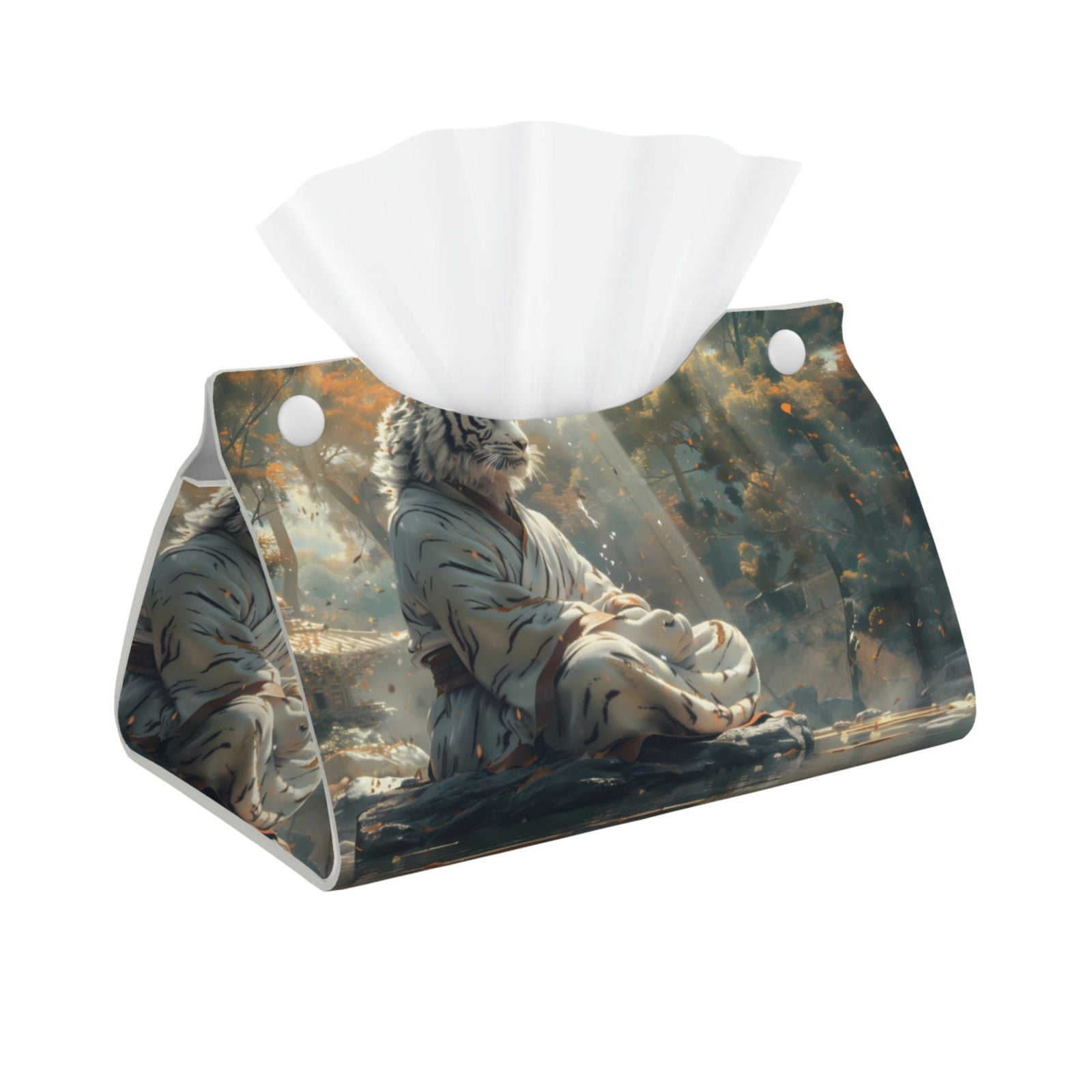 Tissue Box Cover, Forest Meditating White Tiger Rectangular Leather ...