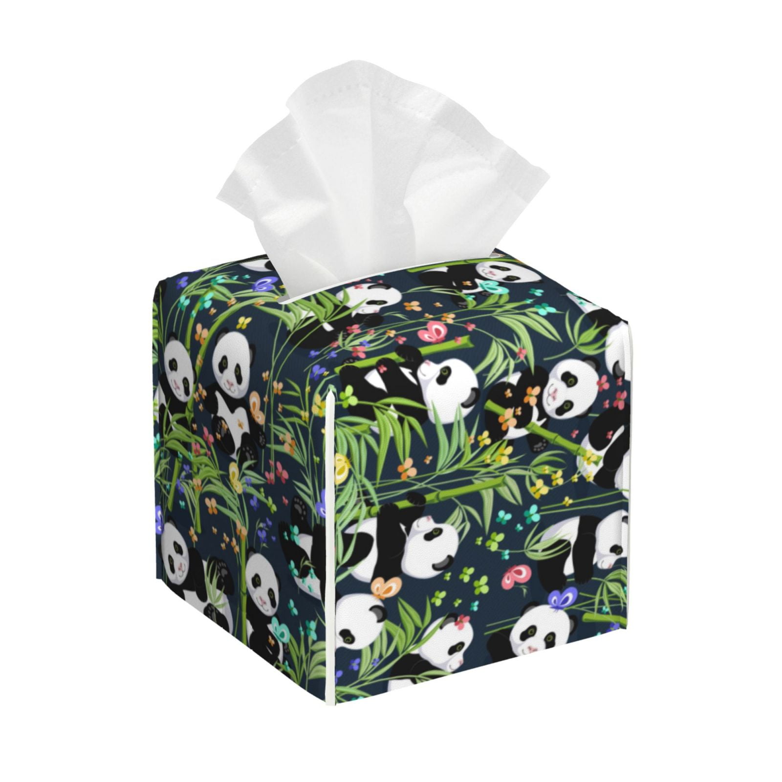 Tissue Box Cover, Fun Panda Playing With Leaves Leather Tissue Box ...