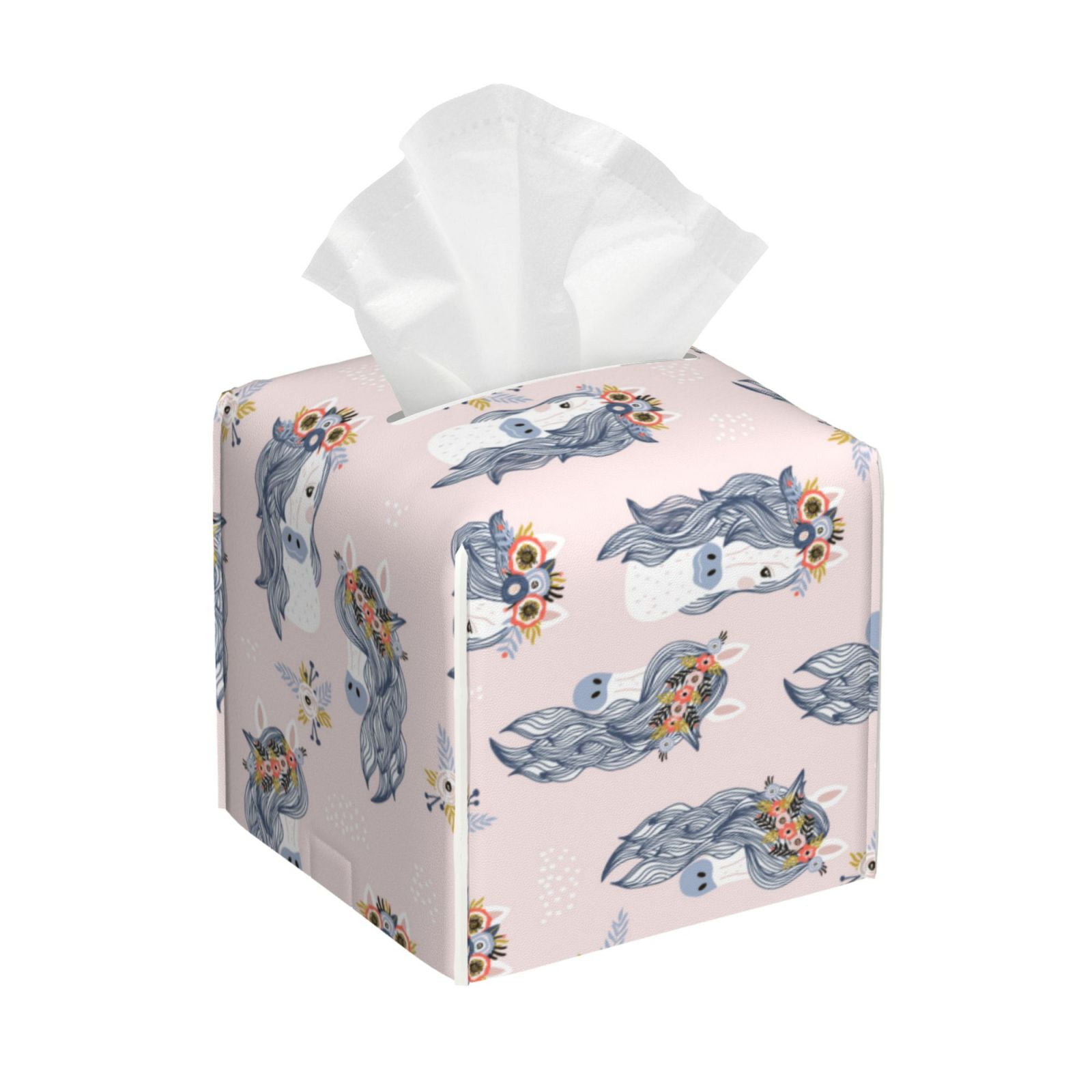 Tissue Box Cover, Funny Long Hair Horse Flower Pink Leather Tissue Box ...