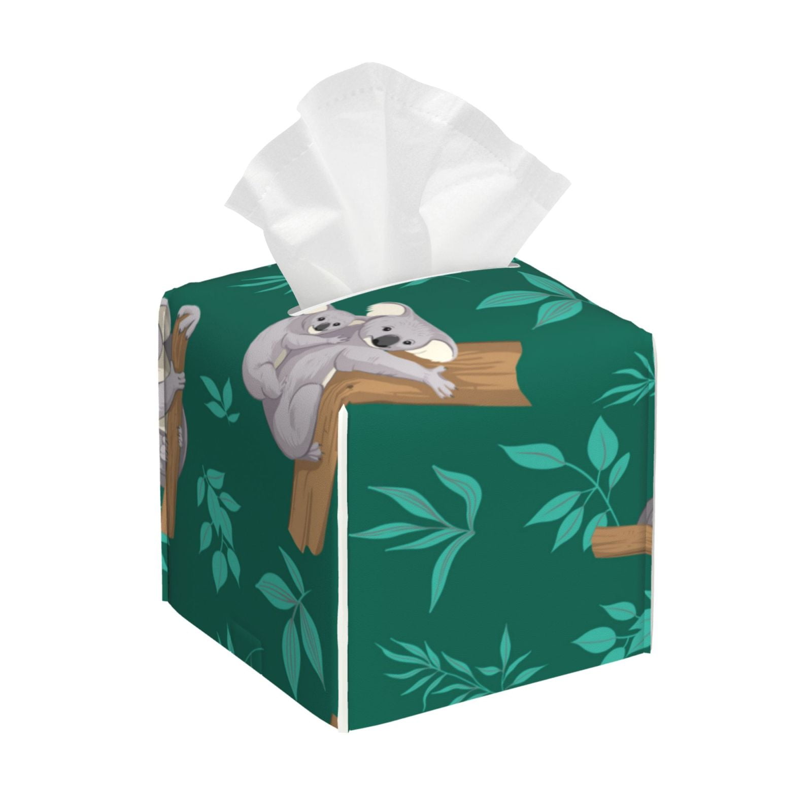 Tissue Box Cover, Green Leaf Gray Koala Print Leather Tissue Box Holder ...