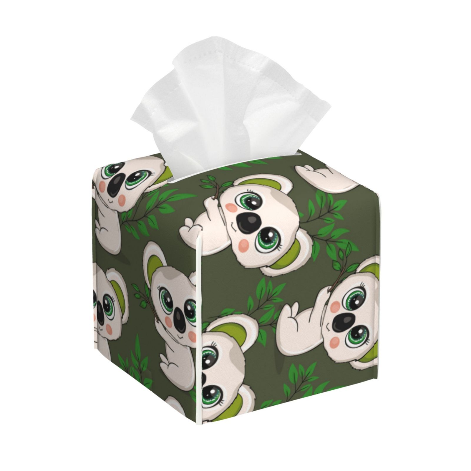 Tissue Box Cover, Green Leafy Big Eyes Koala Leather Tissue Box Holder ...