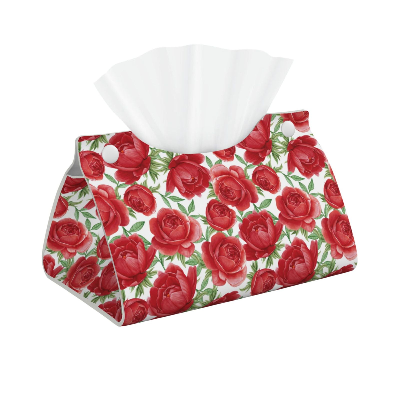 Tissue Box Cover, Green Leaves Rose Flowers Leather Rectangular Tissue ...