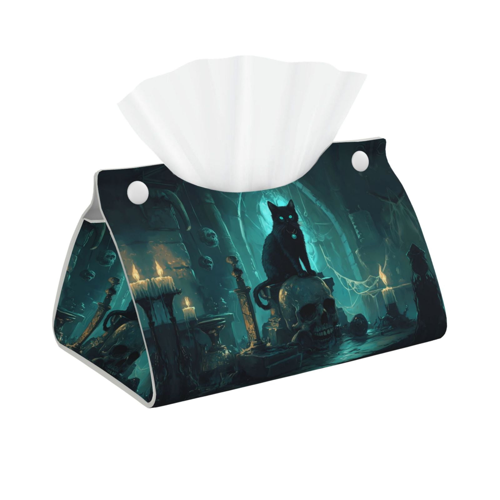 Tissue Box Cover, Halloween Vintage Skull Black Cat Rectangular Leather ...