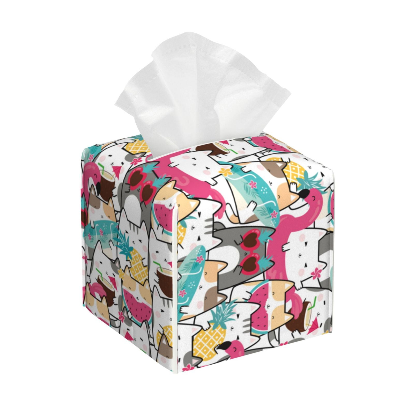 Tissue Box Cover, Hawaiian Style Cute Cartoon Cat Leather Tissue Box ...